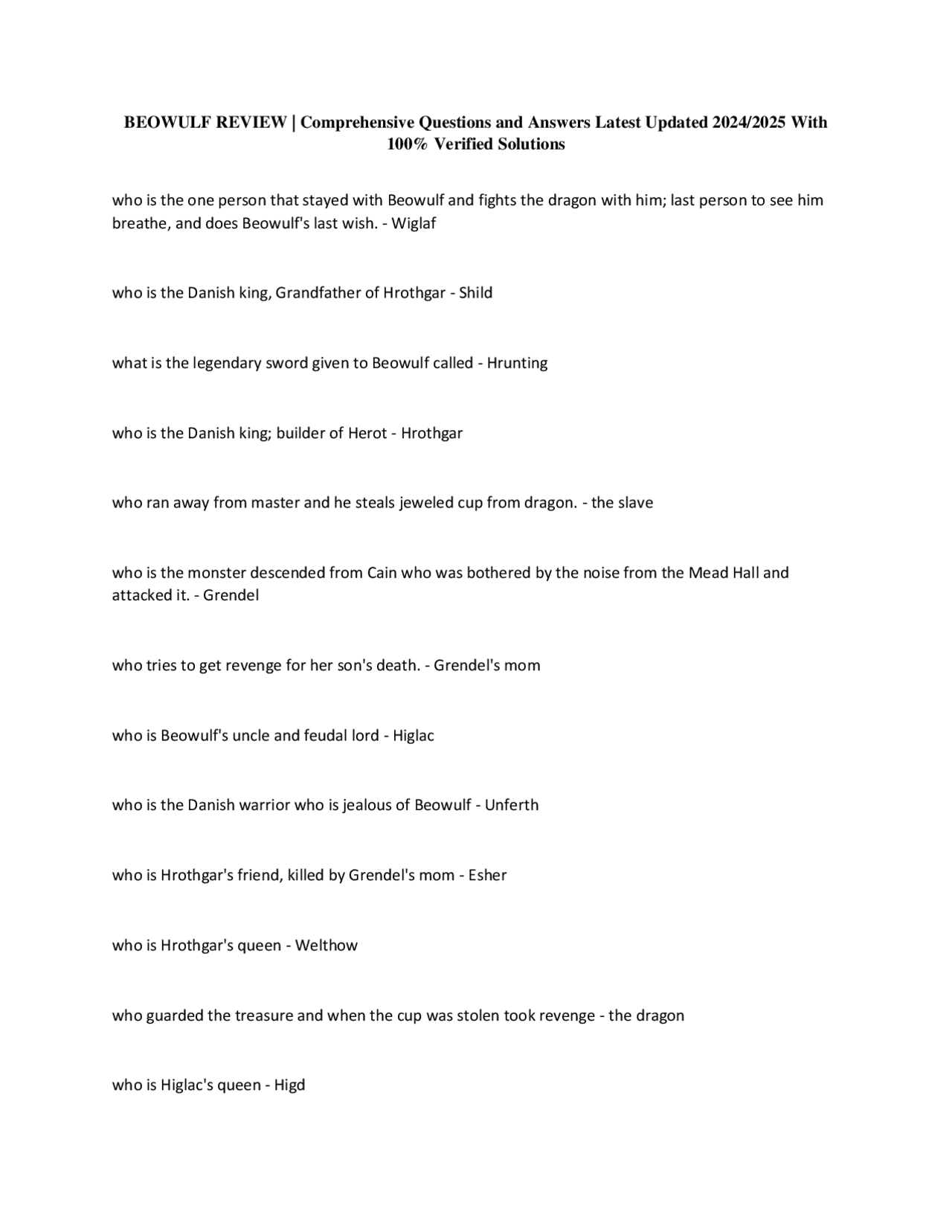 Beowulf Review: Comprehensive Questions and Answers | Exams English ...