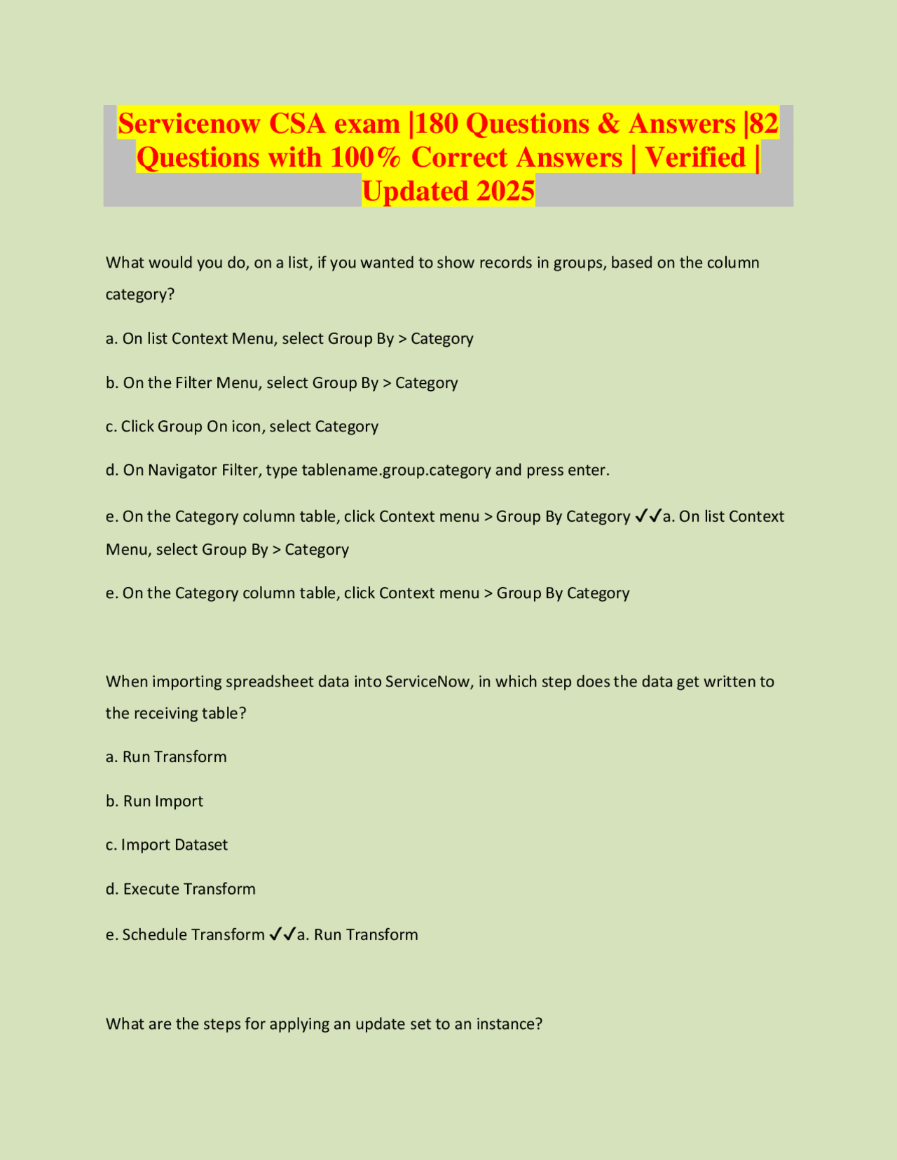 Servicenow CSA exam |180 Questions & Answers |82 Questions with 100% Correct Answers | Ver ...