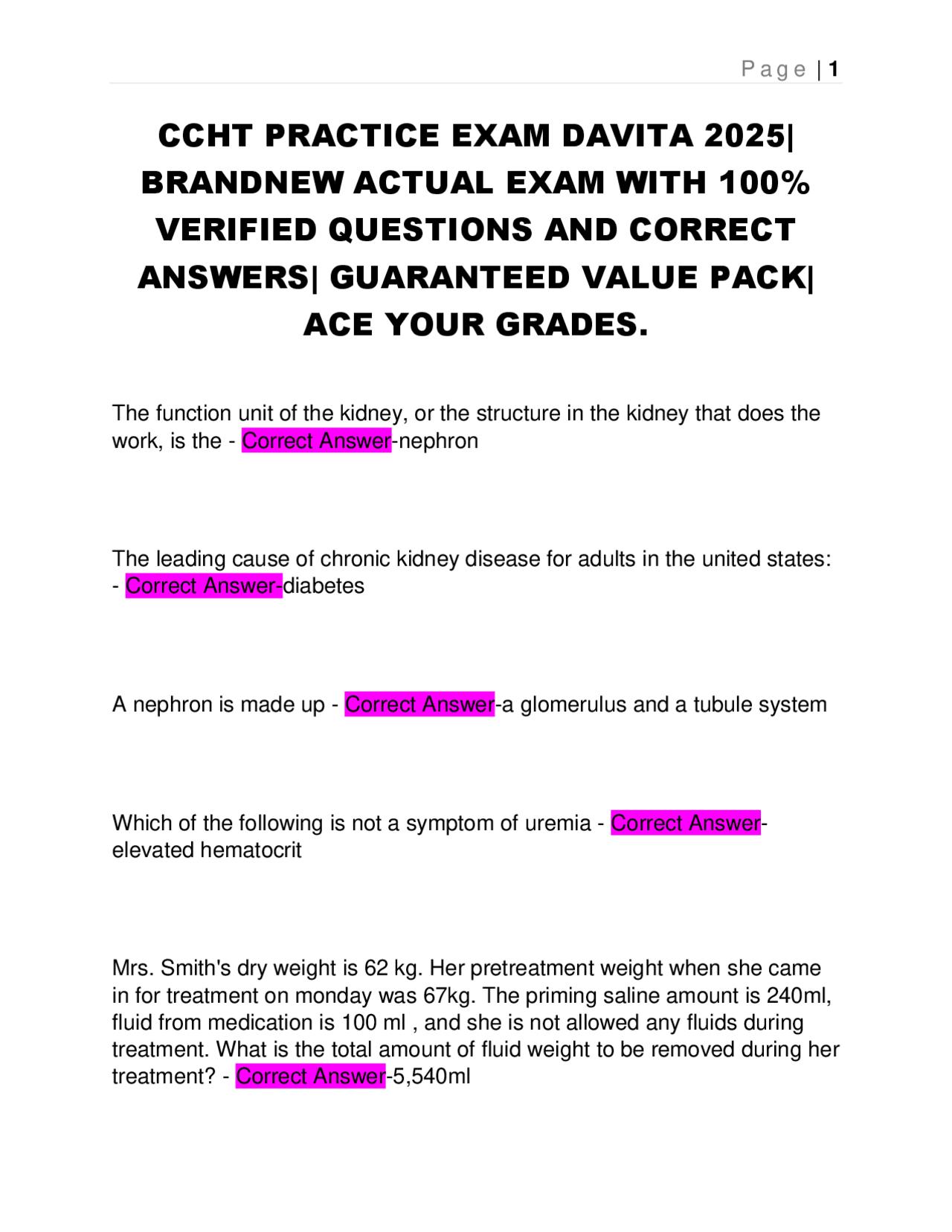 CCHT Practice Exam: Davita 2025 - Comprehensive Review with Verified ...