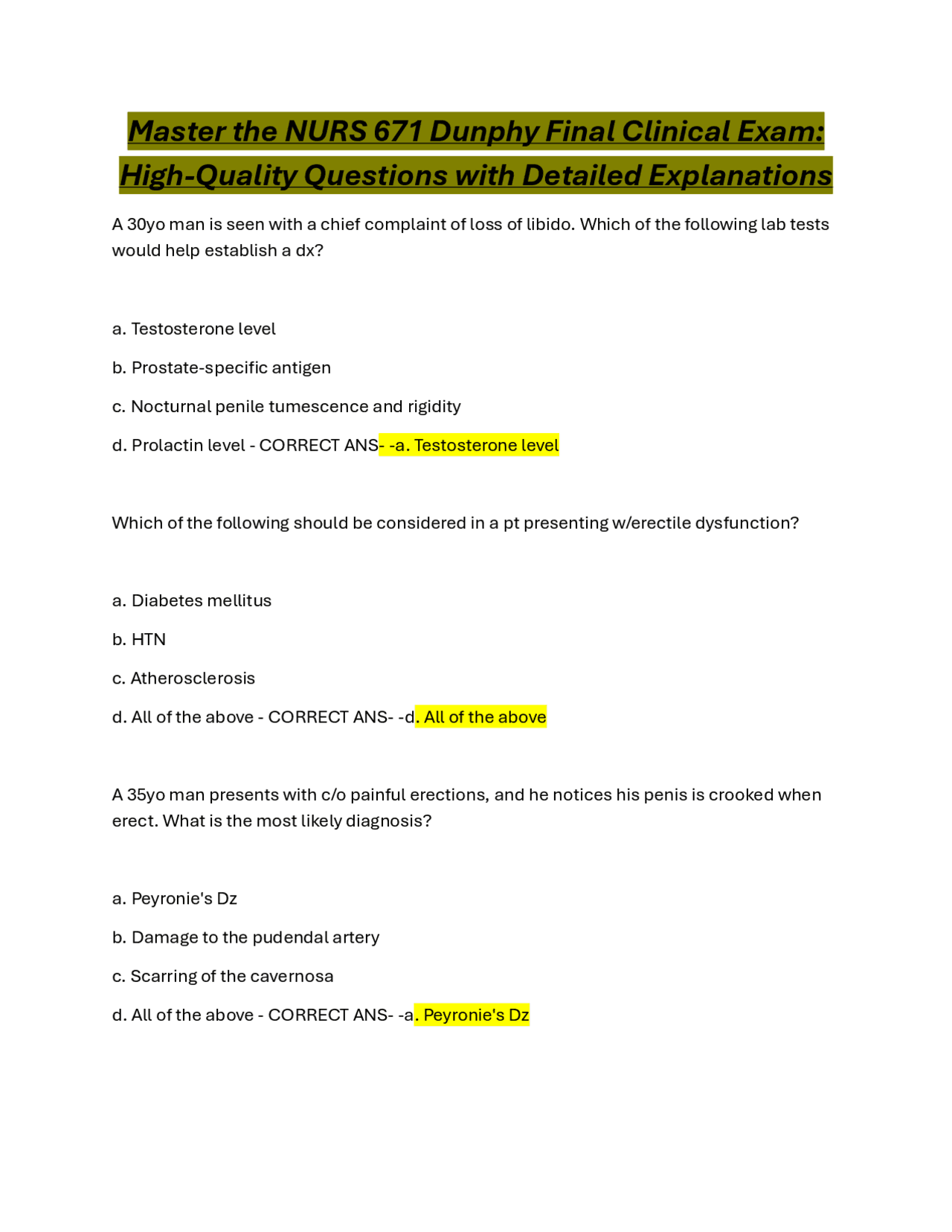 NURS 671 Dunphy Final Clinical Exam: Practice Questions and Answers ...