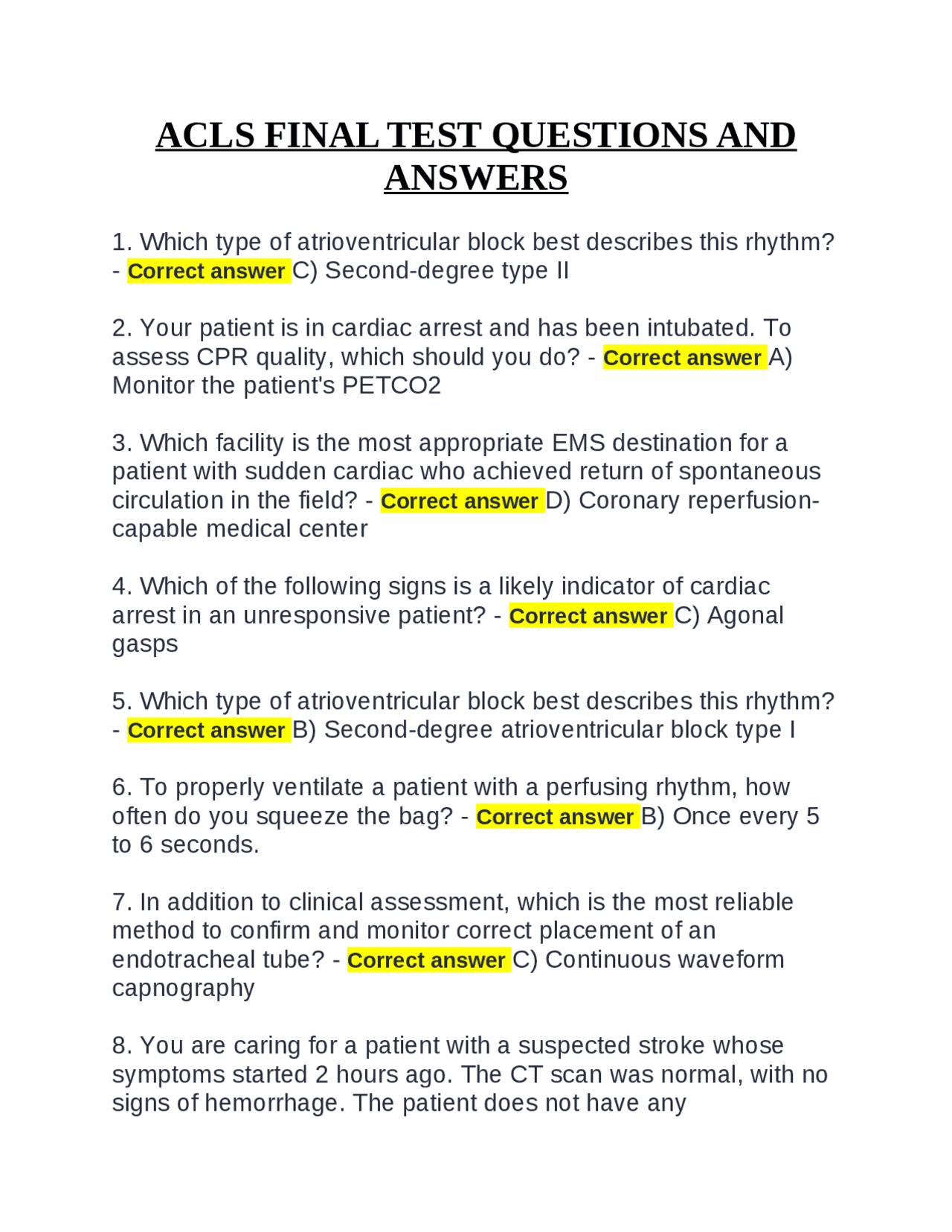 ACLS FINAL TEST QUESTIONS AND ANSWERS | Exams Nursing | Docsity