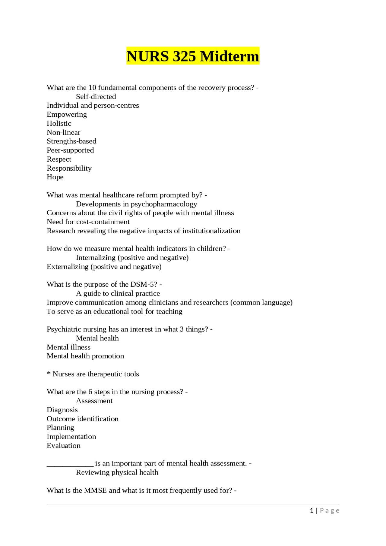 NURS 325 Midterm: Key Concepts and Assessment Tools in Psychiatric Nursing | Exams Pharmacology ...
