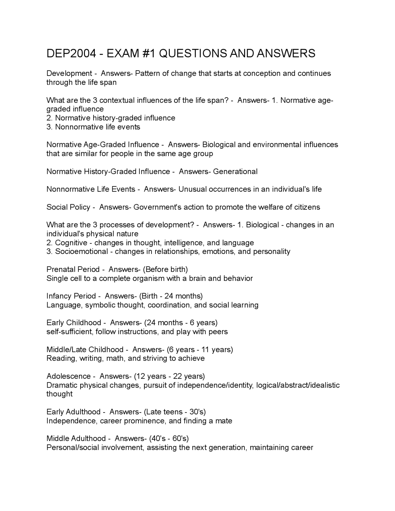 DEP2004 - Exam #1 Questions and Answers: Developmental Psychology ...