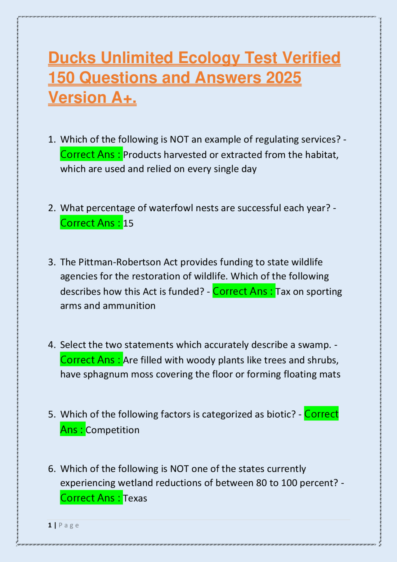 Ducks Unlimited Ecology Test: 150 Questions and Answers | Exams ...