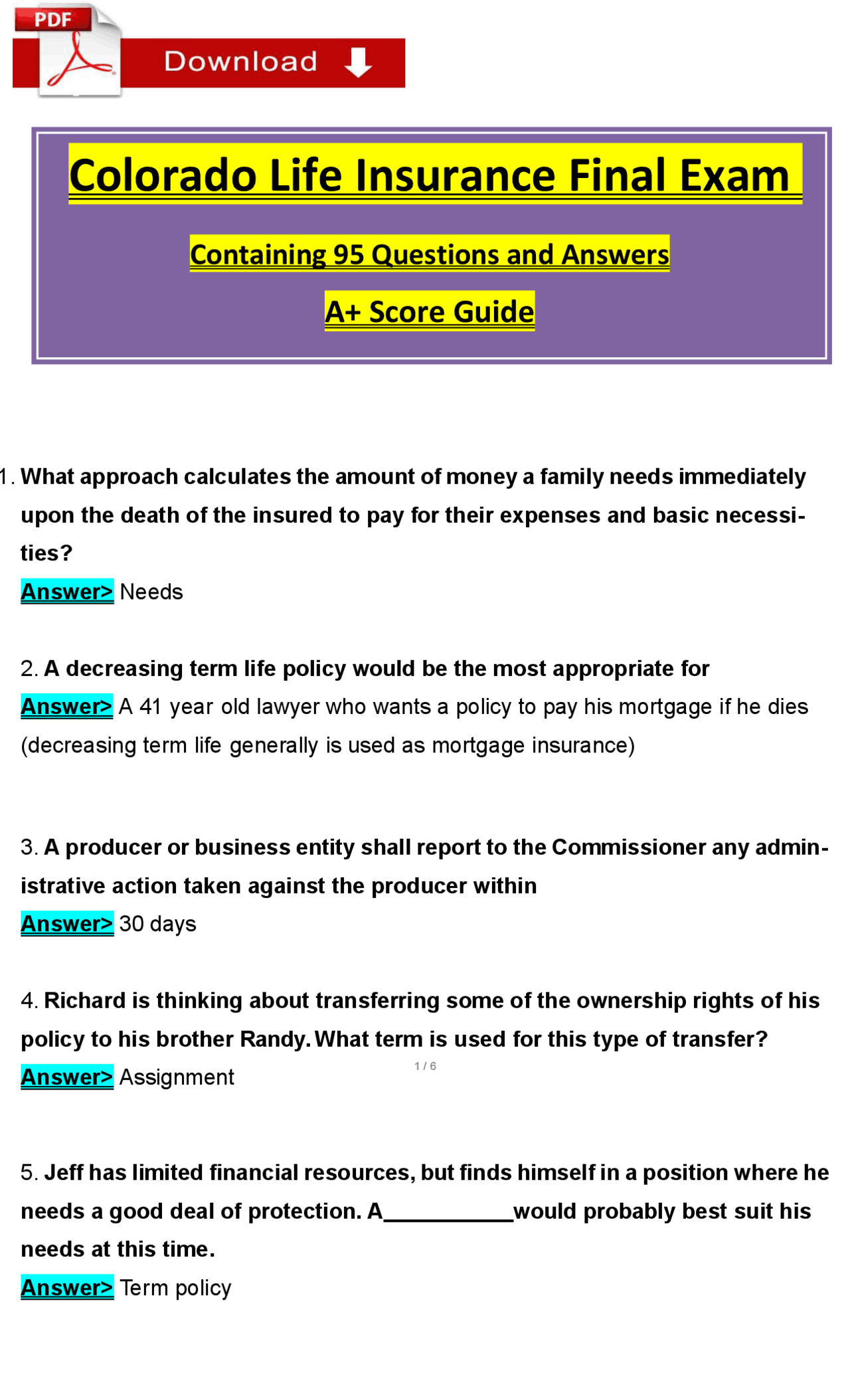 Colorado Life Insurance Final Exam: 95 Questions and Answers | Exams ...