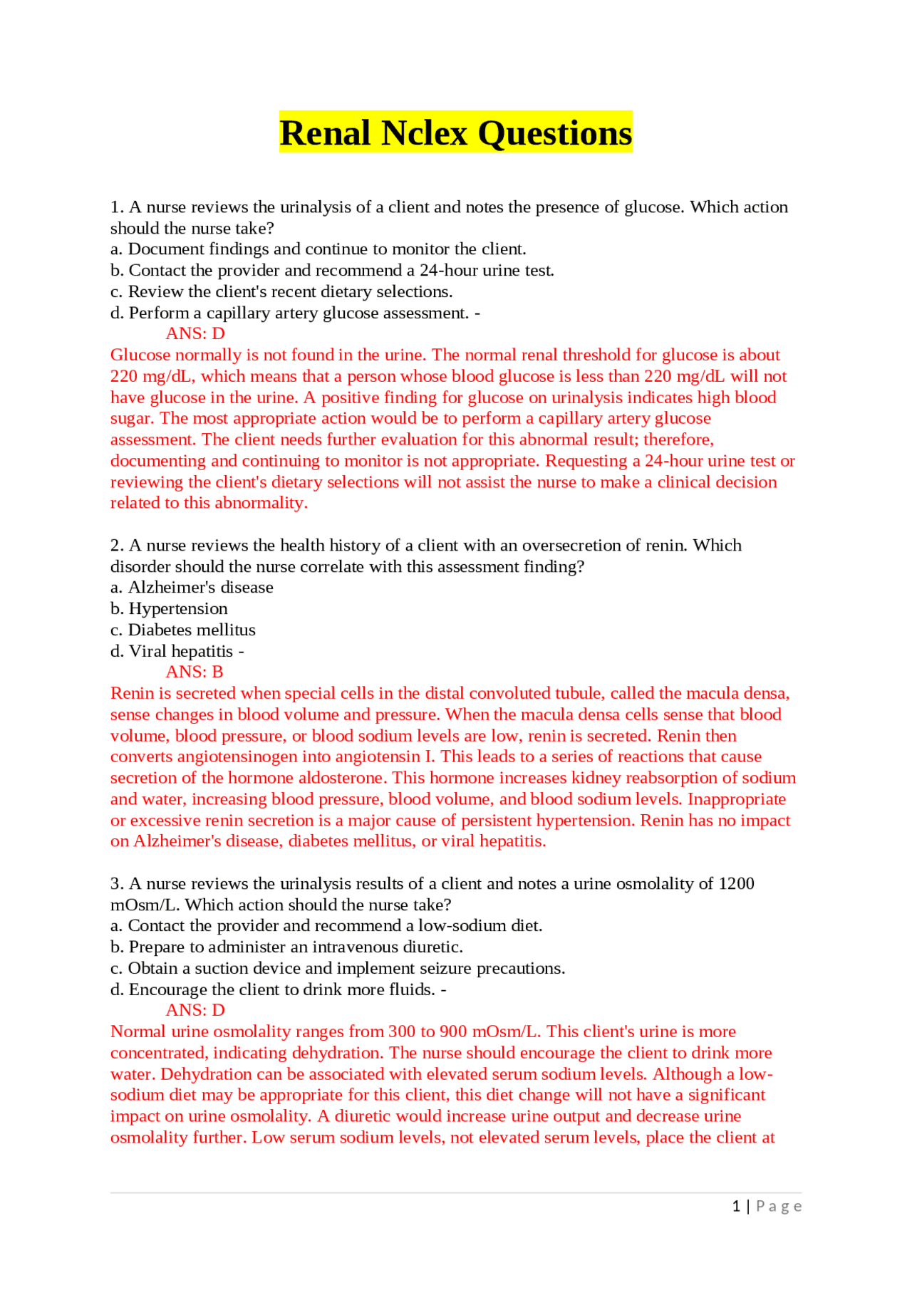 Renal System Nclex Questions and Answers | Exams Nursing | Docsity