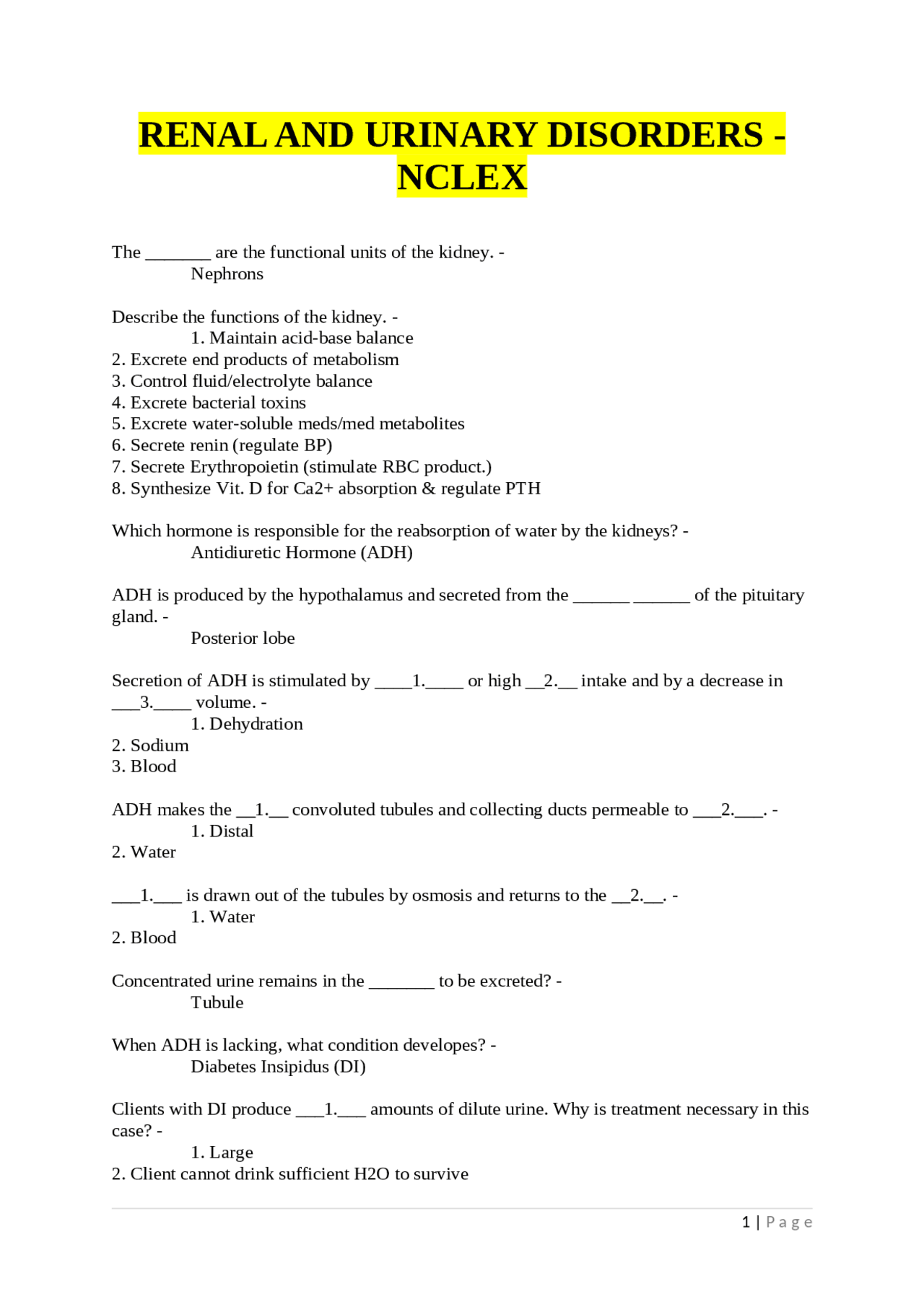 Renal and Urinary Disorders: NCLEX Review Questions and Answers | Exams ...