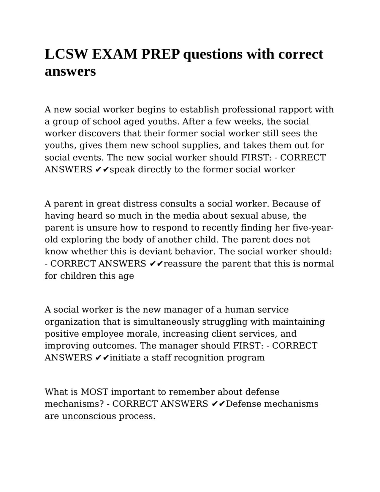 LCSW Exam Prep Questions and Answers | Exams Nursing | Docsity