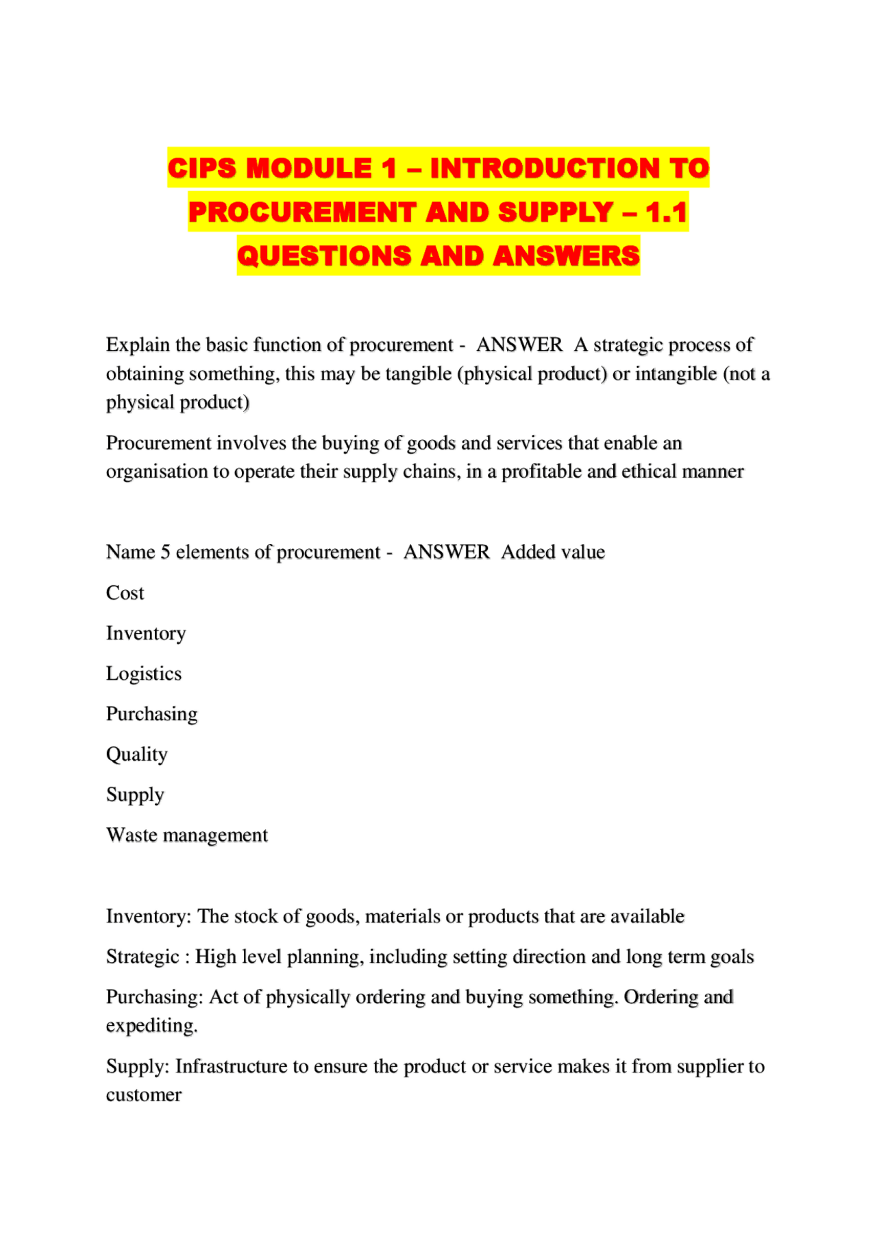CIPS MODULE 1 – INTRODUCTION TO PROCUREMENT AND SUPPLY – 1.1 QUESTIONS ...