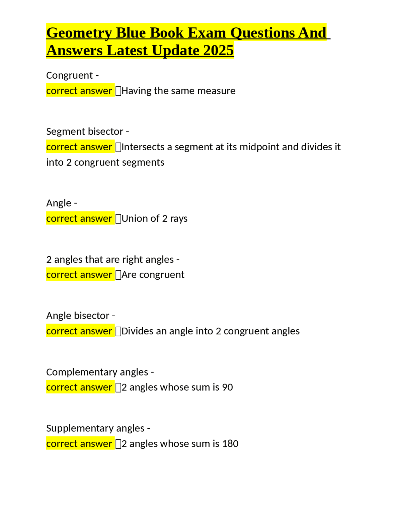 Geometry Blue Book Exam: Key Concepts and Definitions | Exams Geometry ...