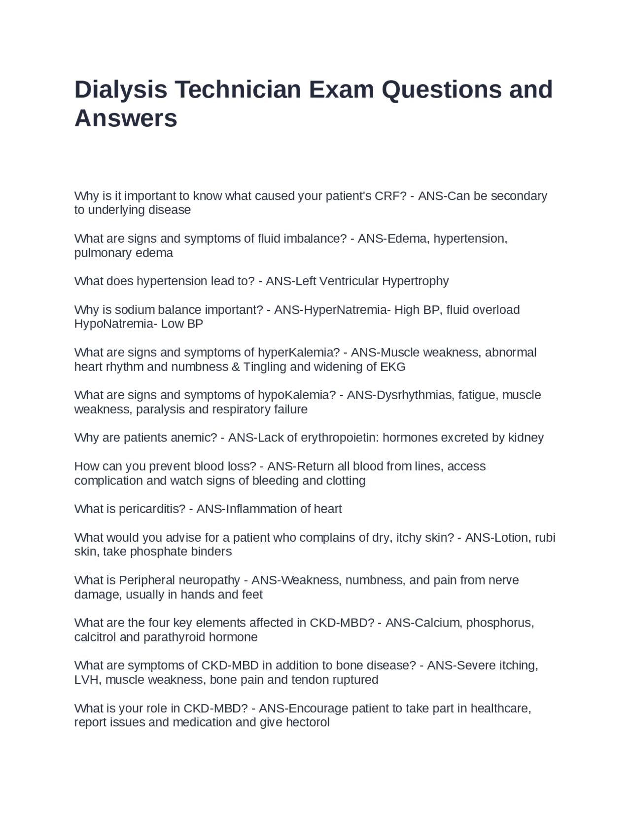 Dialysis Technician Exam Questions and Answers | Exams Advanced ...