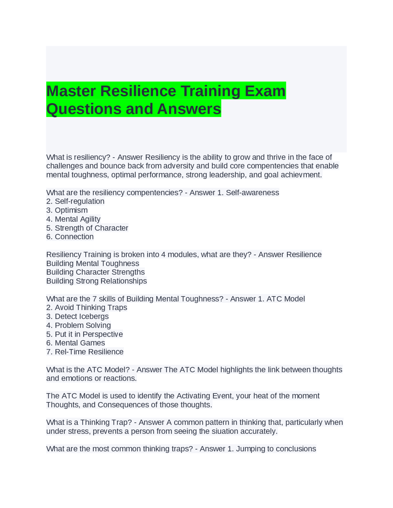 Master Resilience Training Exam: Questions and Answers | Exams Advanced ...
