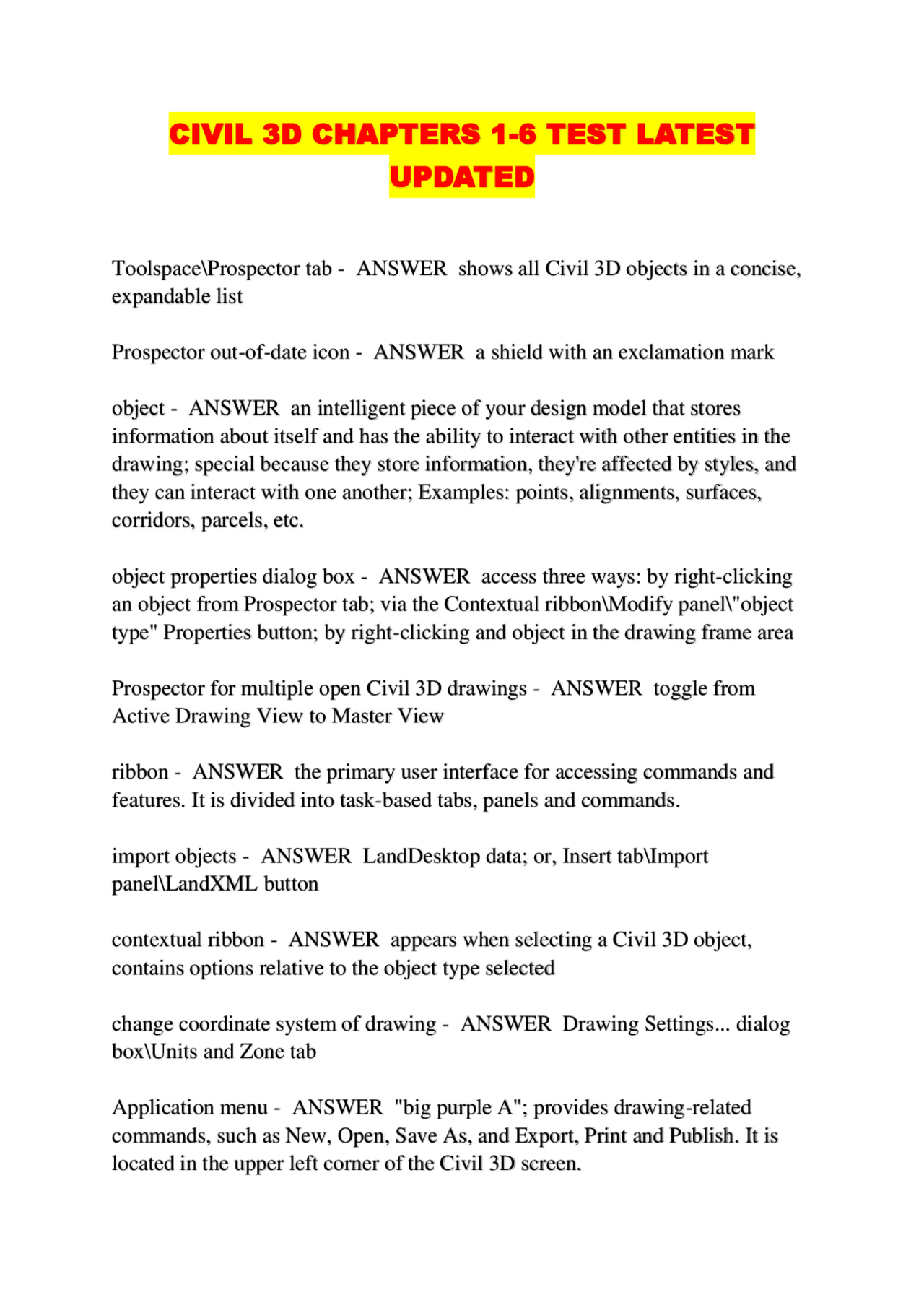 Civil 3D Chapters 1-6 Test: Questions and Answers | Exams Civil ...