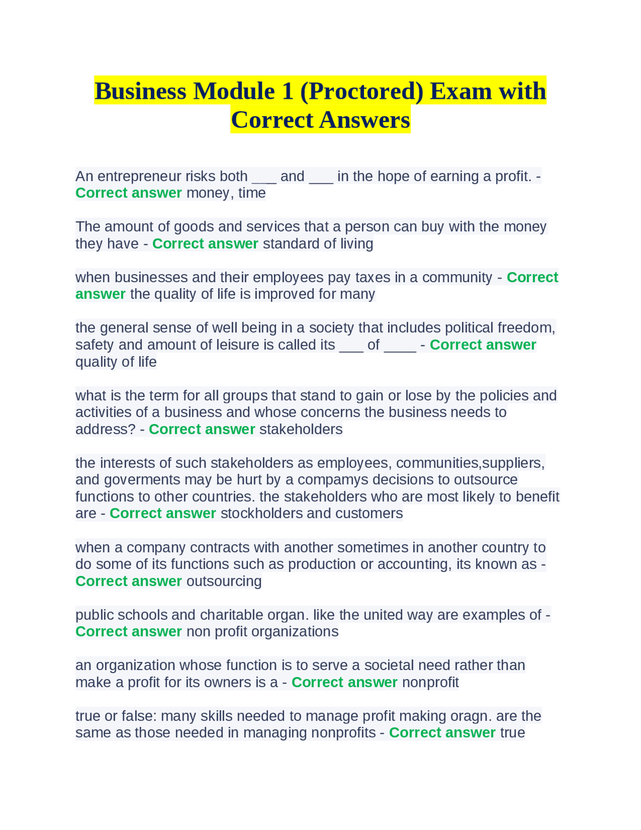 Business Module 1 Exam with Correct Answers: Fundamentals of Business ...
