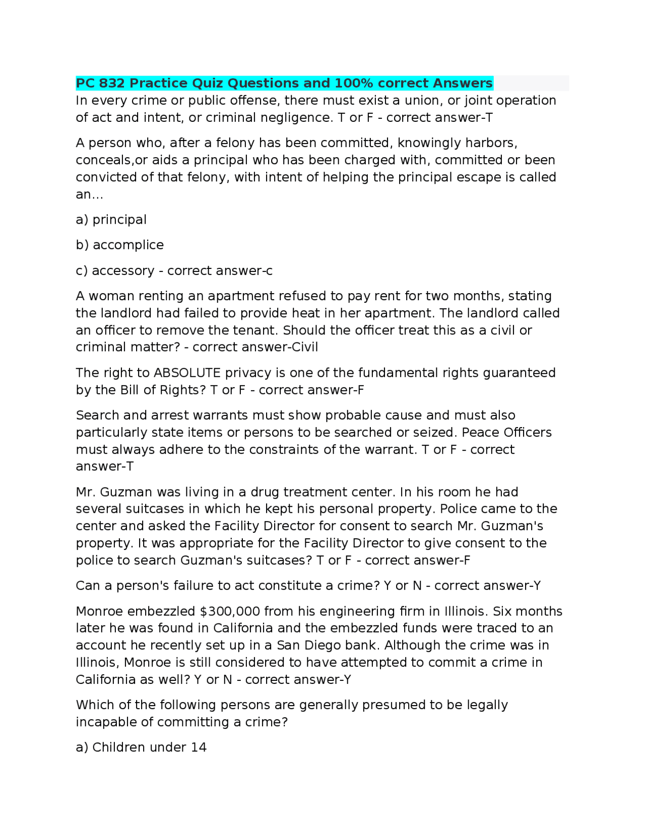 Criminal Justice Practice Quiz Questions and Answers | Exams Law | Docsity