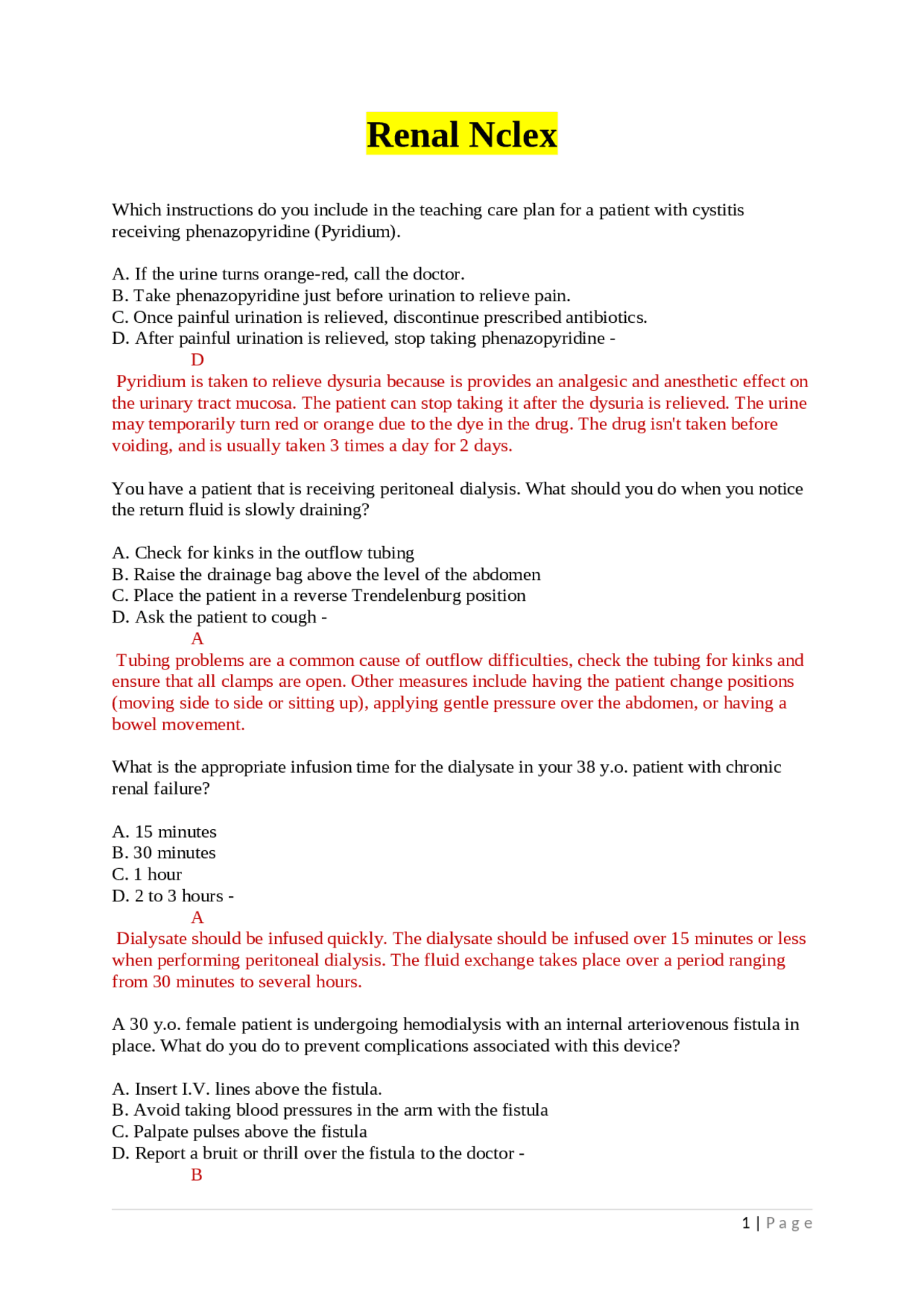 Renal Nursing: Multiple Choice Questions and Answers | Exams Nursing ...