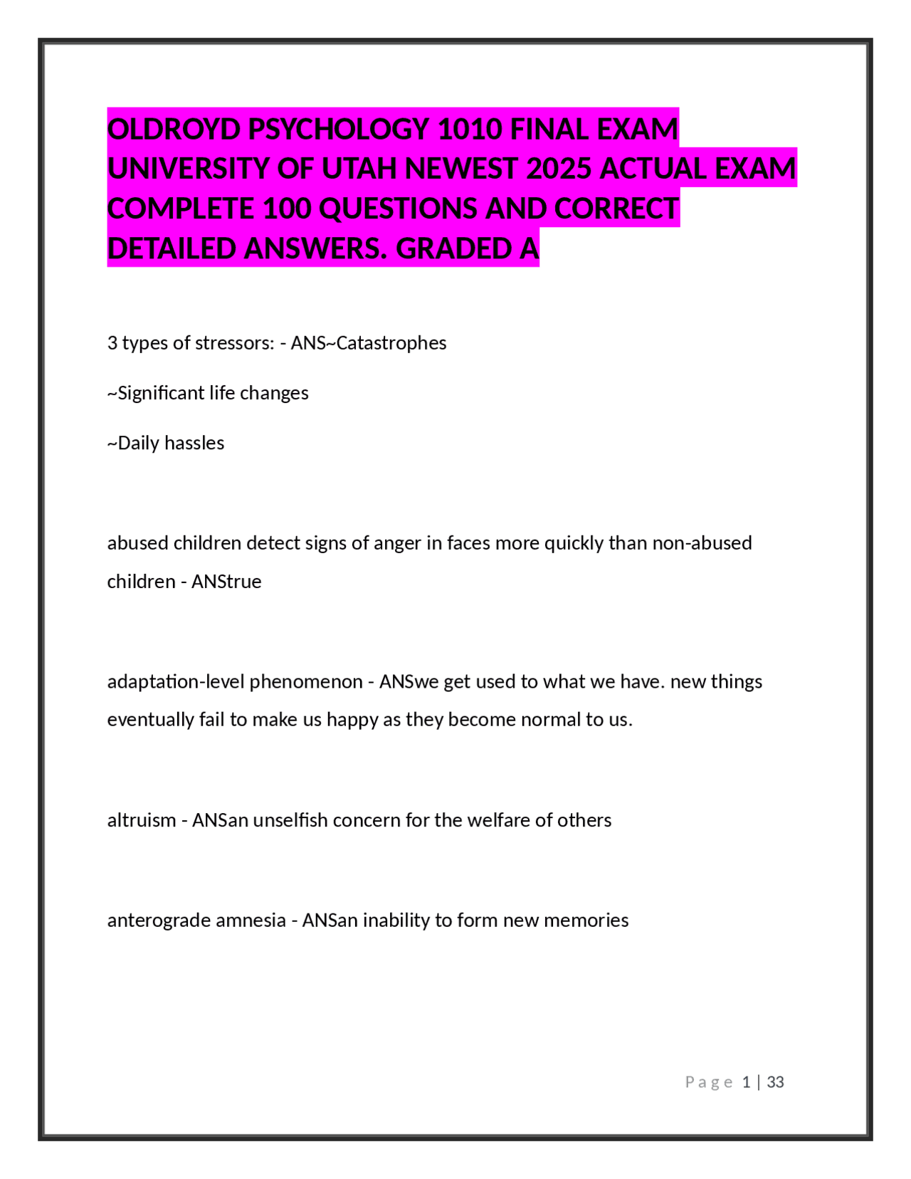 Psychology 1010 Final Exam: Comprehensive Review of Key Concepts and ...