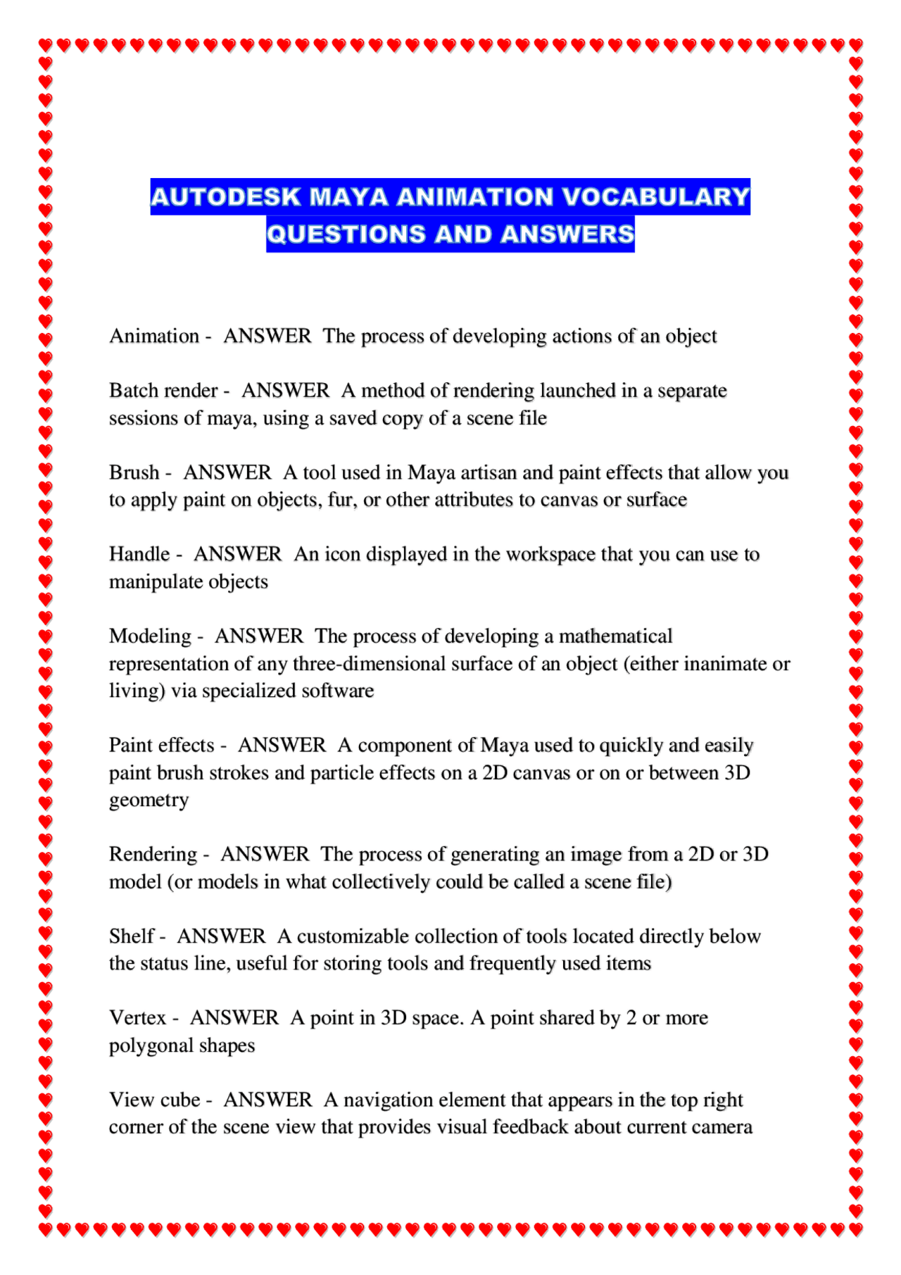 AUTODESK MAYA ANIMATION VOCABULARY QUESTIONS AND ANSWERS | Exams Computer Graphics and Animation ...