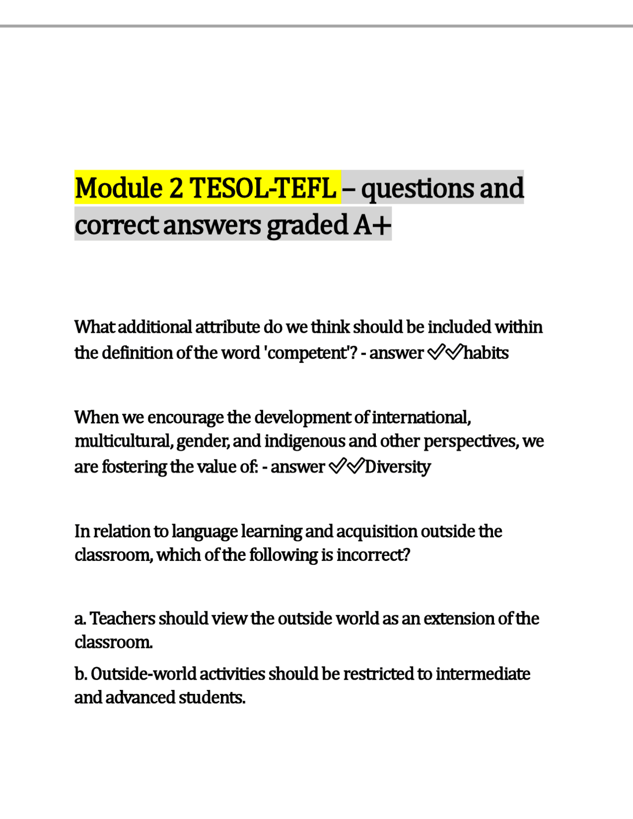 Module 2 TESOL-TEFL – questions and correct answers graded A+.pdf ...