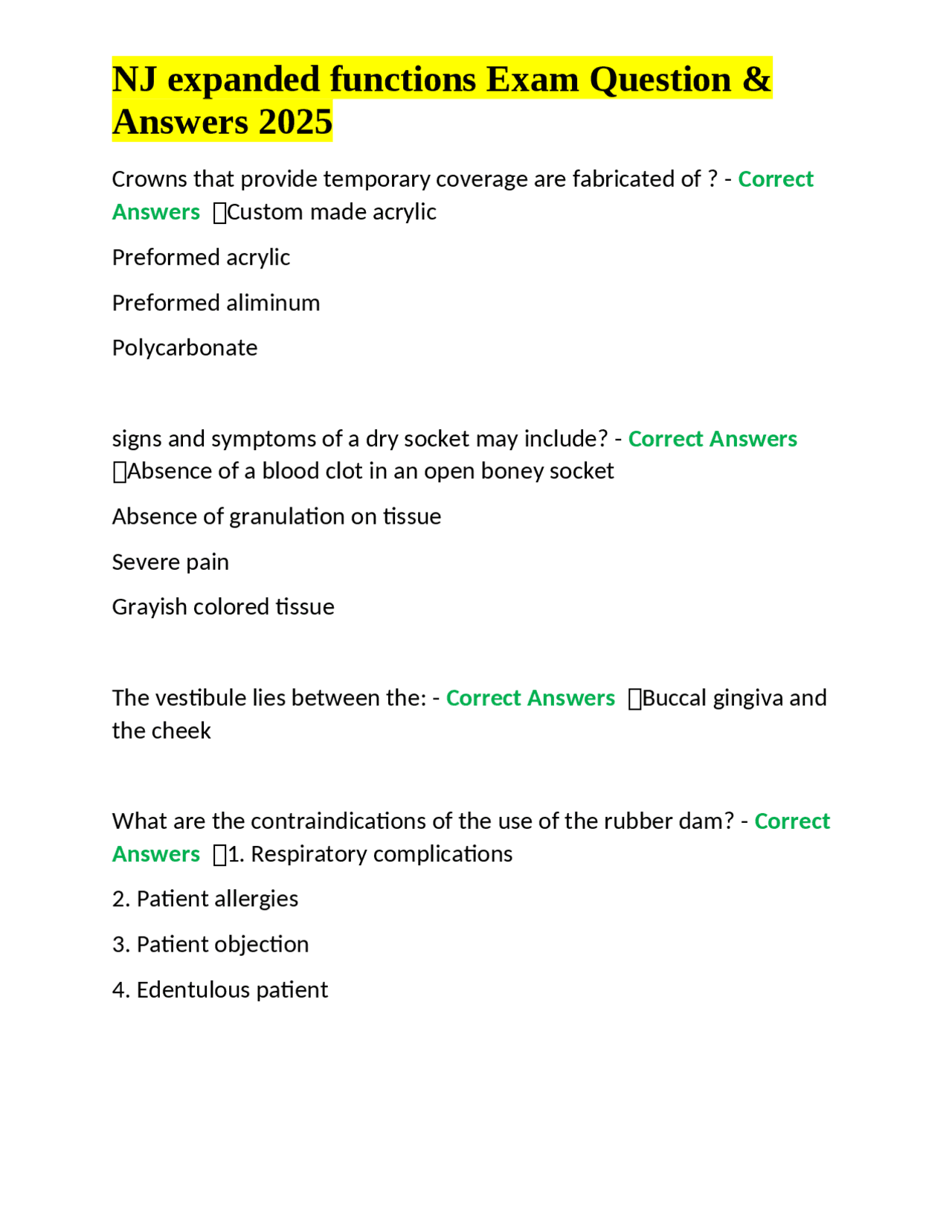 NJ Expanded Functions Exam Questions and Answers 2025: Dental Hygiene ...