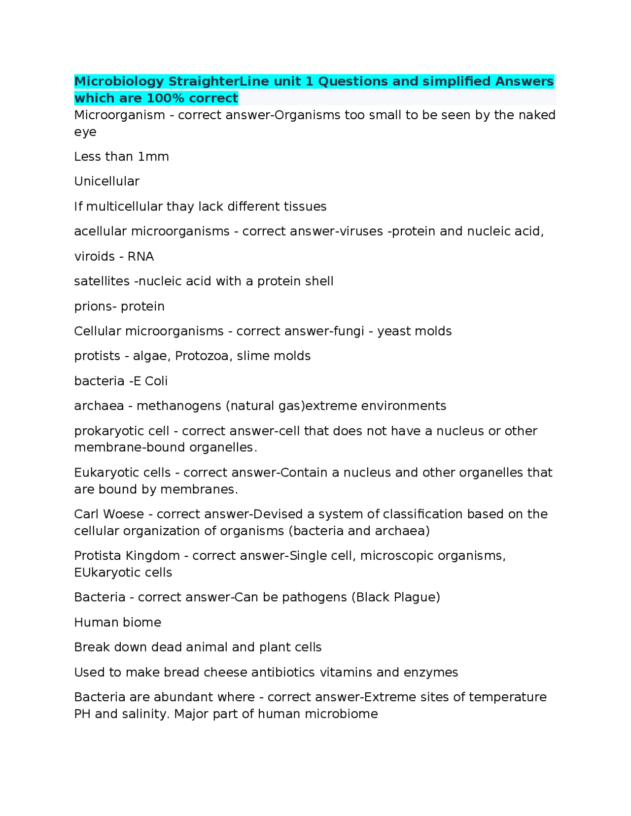 Microbiology StraighterLine unit 1 Questions and simplified Answers ...