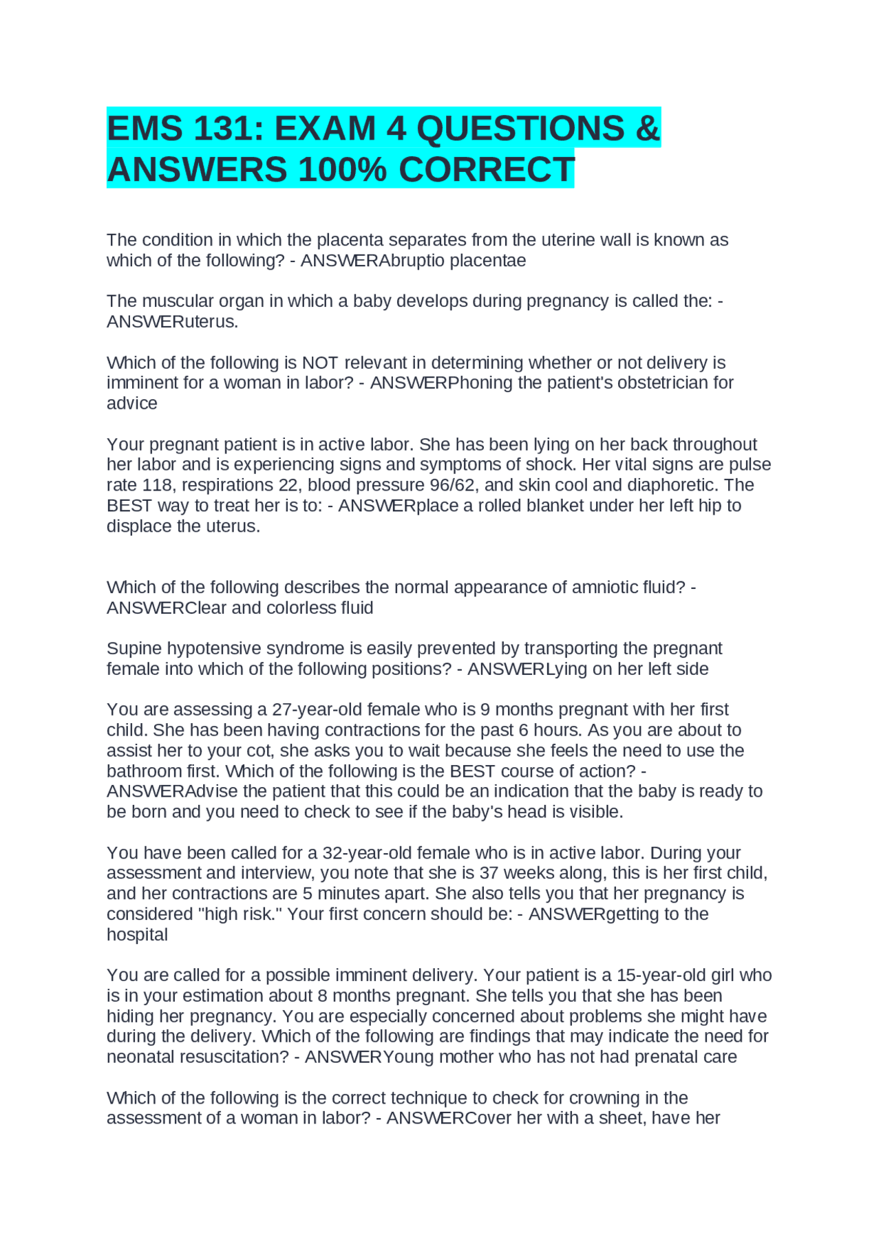 EMS 131: Exam 4 Questions & Answers - Emergency Medical Services ...