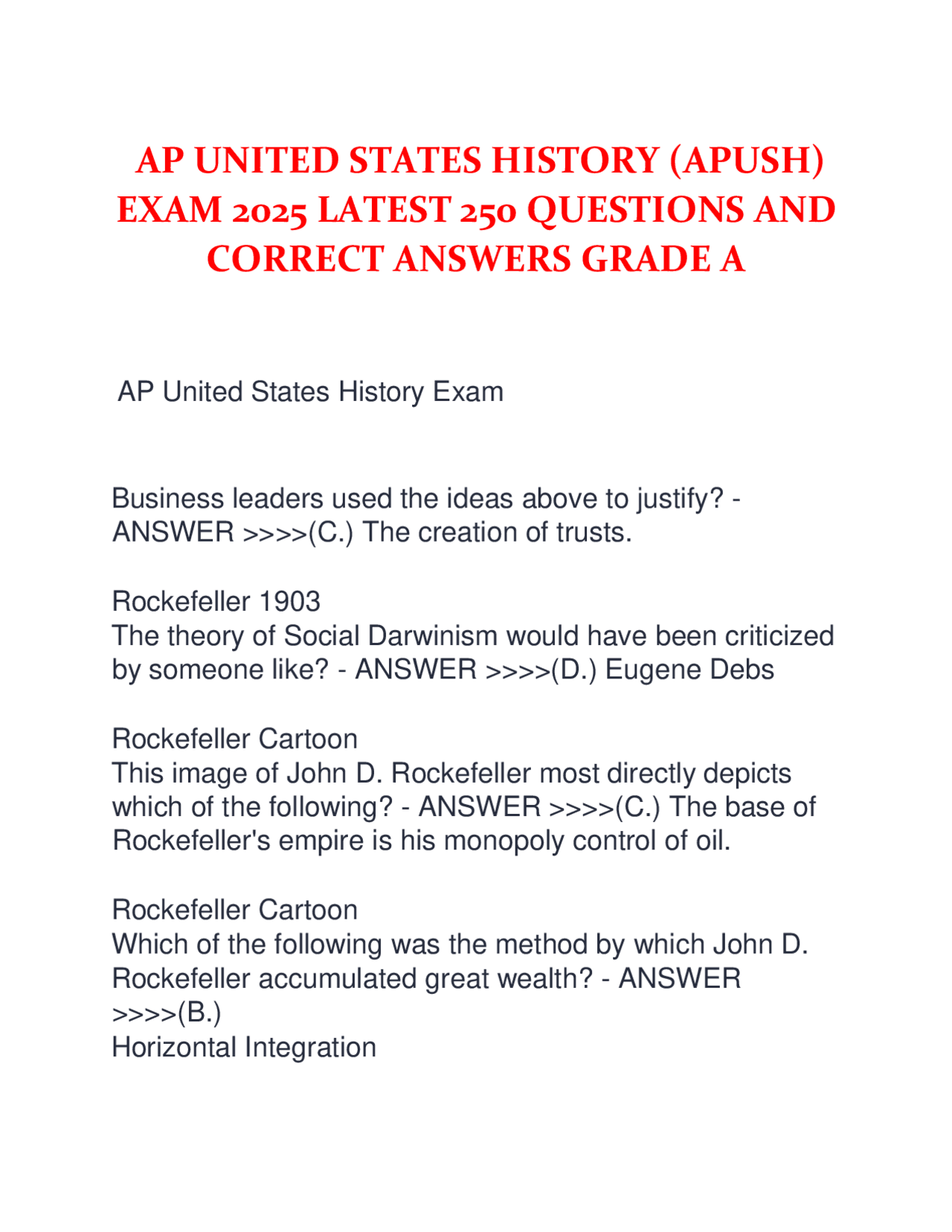 AP United States History (APUSH) Exam 2025: 250 Questions and Answers ...