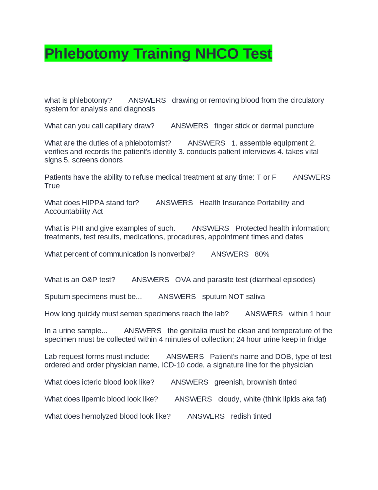 Phlebotomy Training: Comprehensive Guide with Questions and Answers ...