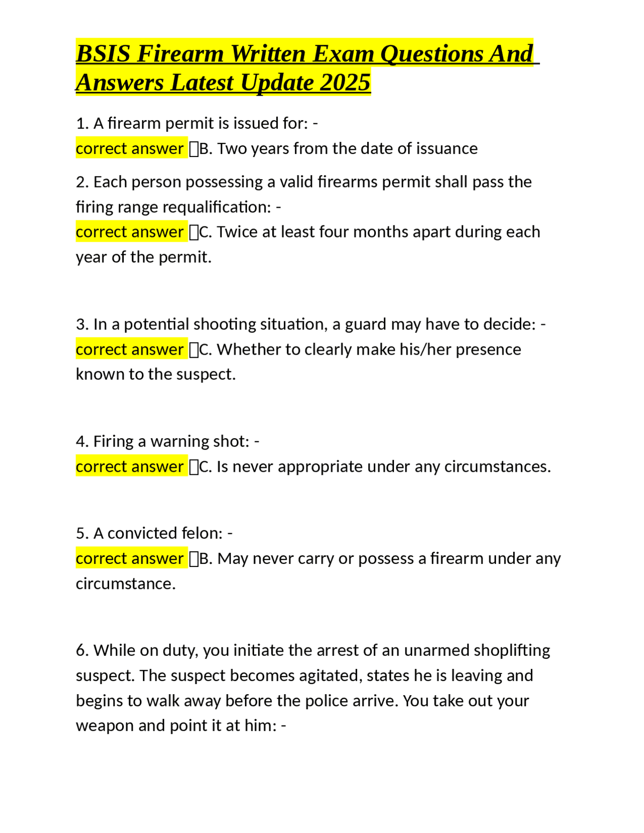 BSIS Firearm Written Exam Questions And Answers Latest Update 2025 ...