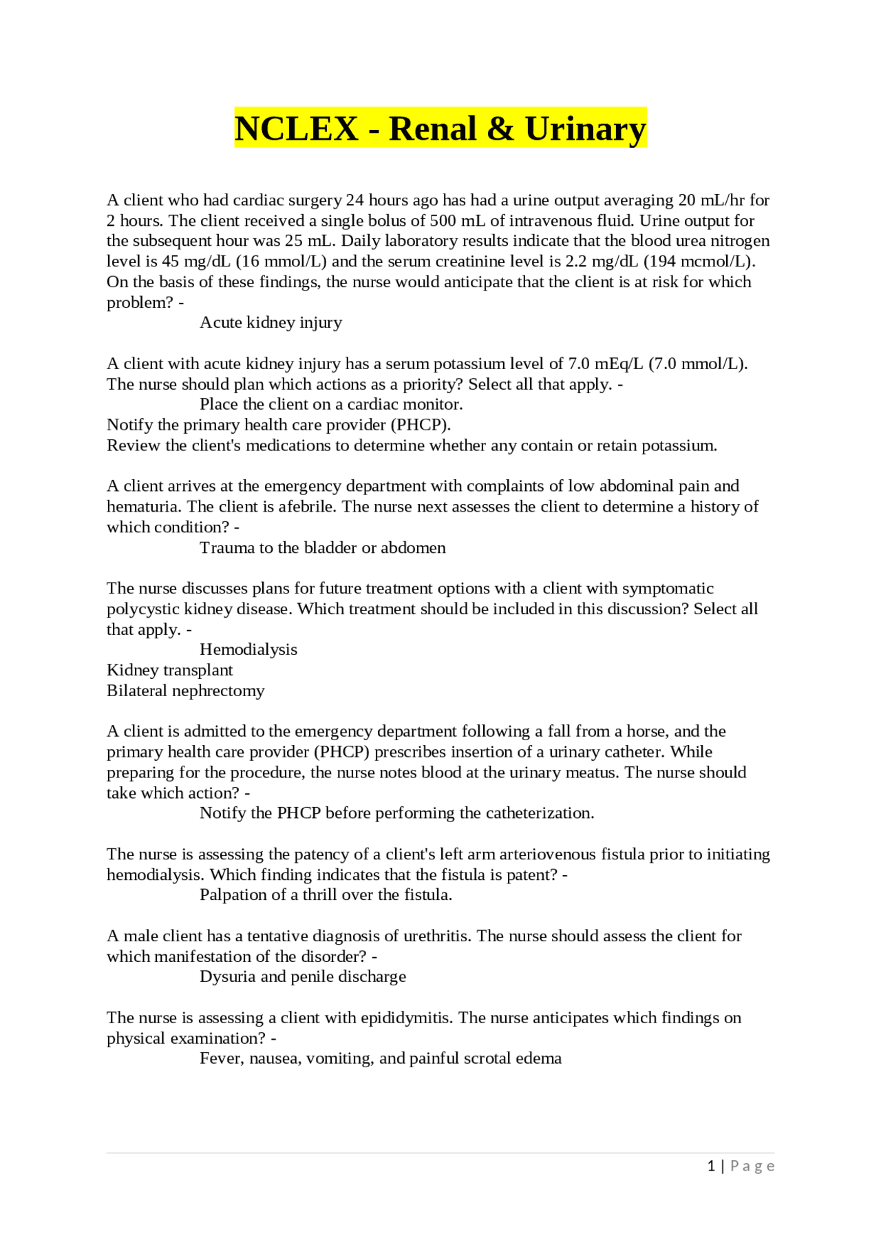 NCLEX-RN Practice Questions: Renal & Urinary System | Exams Nursing ...