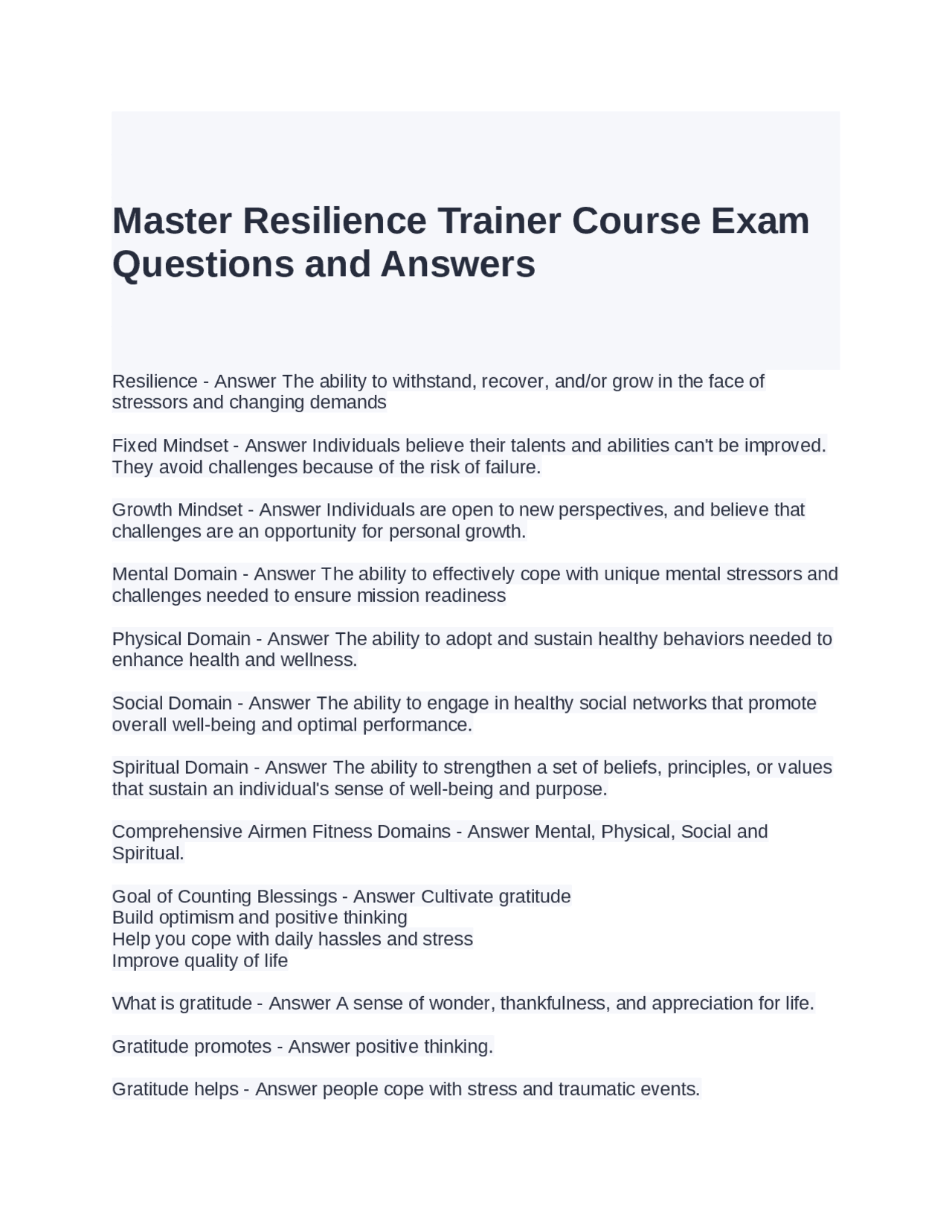 Master Resilience Trainer Course Exam: Questions and Answers | Exams ...