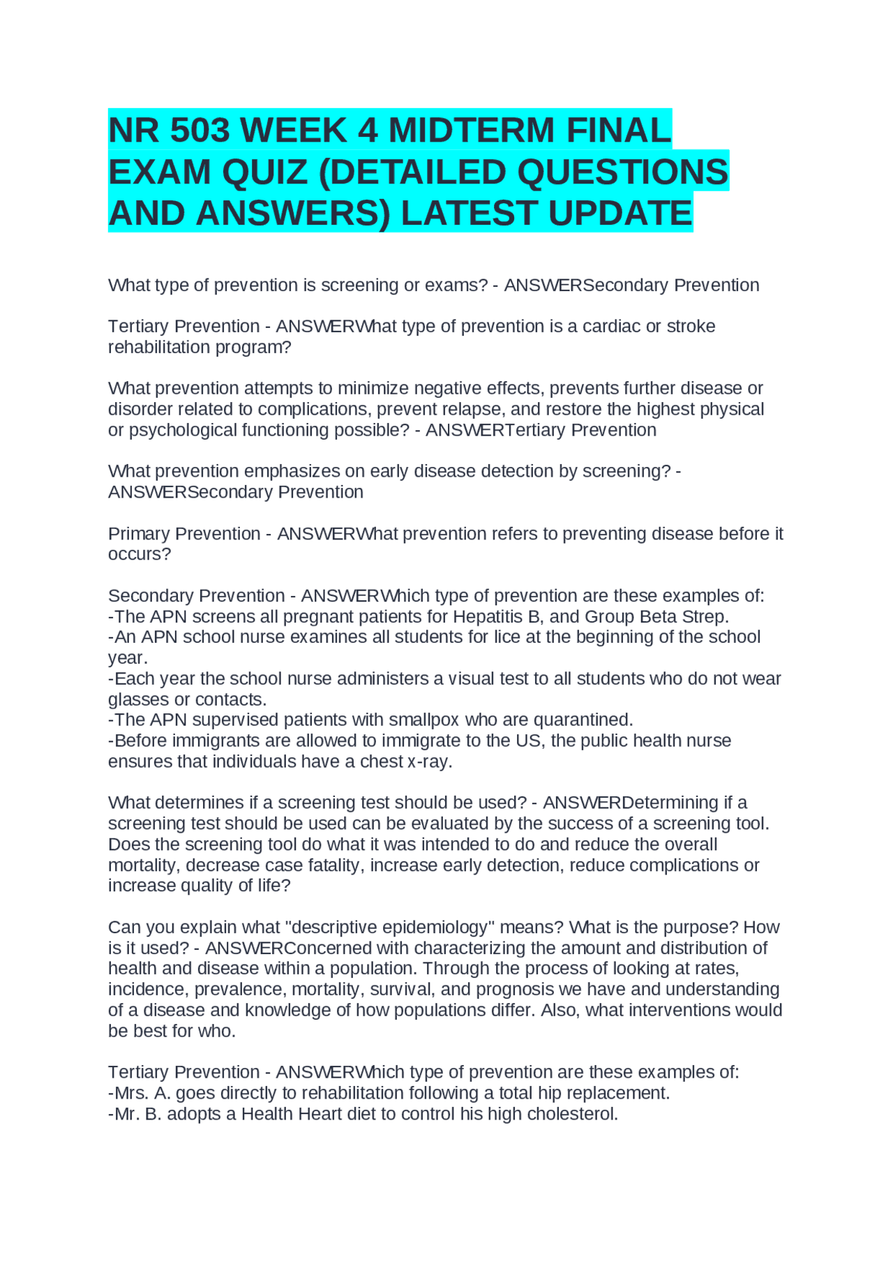 NR 503 Week 4 Midterm Final Exam Quiz: Public Health Prevention and Epidemiology | Exams Nursing ...
