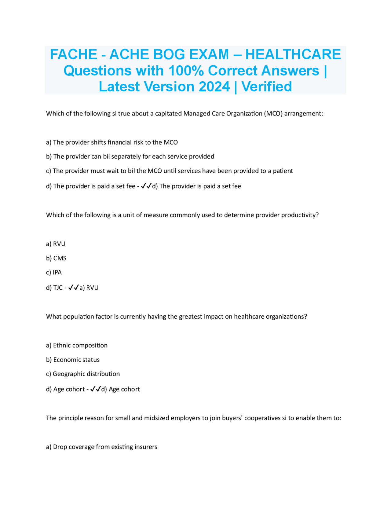 FACHE - ACHE BOG EXAM – HEALTHCARE: Multiple Choice Questions with ...