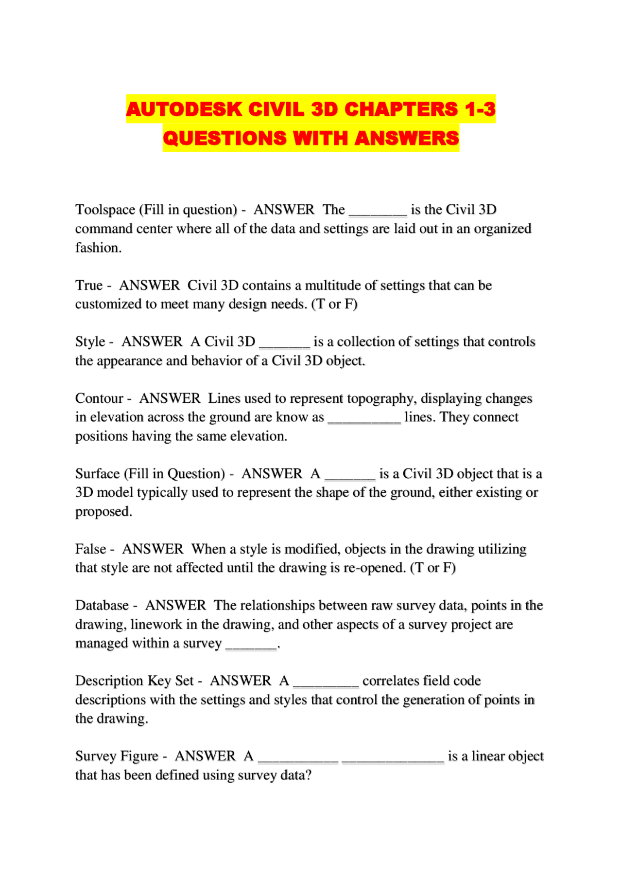 Autodesk Civil 3D Chapters 1-3: Questions and Answers | Exams Civil ...
