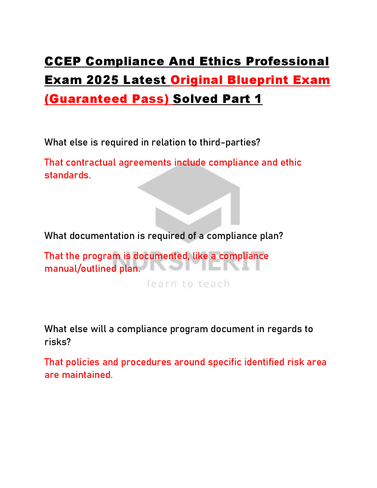 CCEP Compliance And Ethics Professional Exam 2025 Blueprint: Solved ...