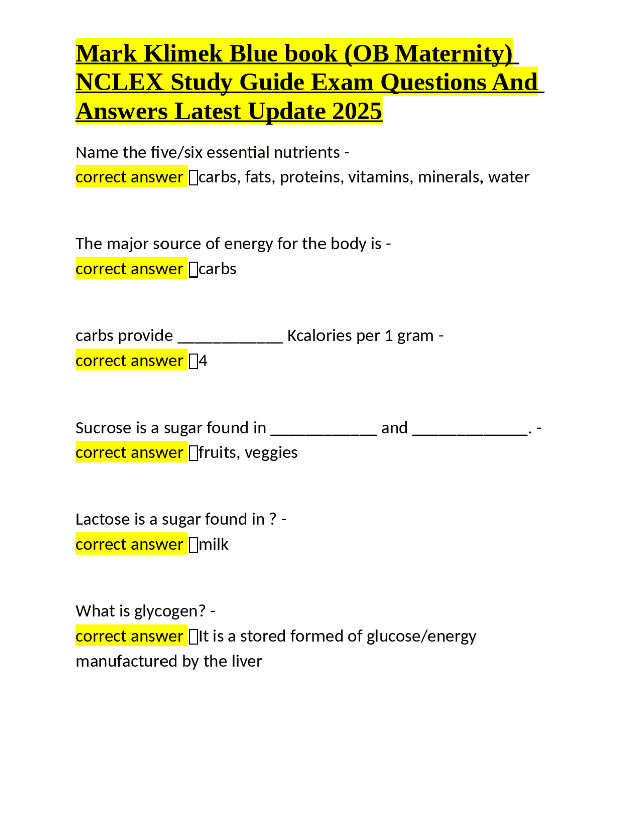 Mark Klimek Blue book (OB Maternity) NCLEX Study Guide Exam Questions ...