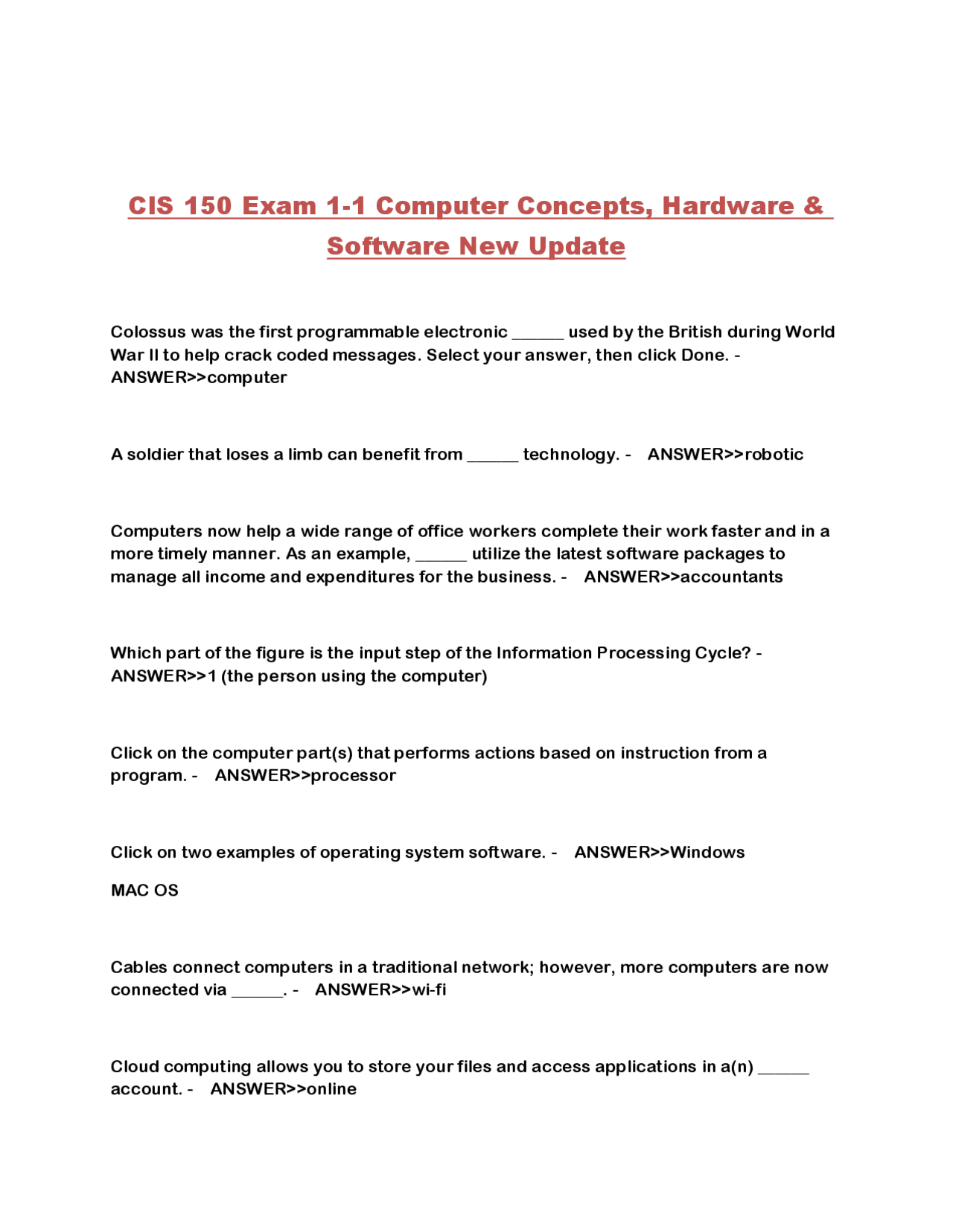 CIS 150 Exam 1-1: Computer Concepts, Hardware & Software | Exams Advanced Education | Docsity