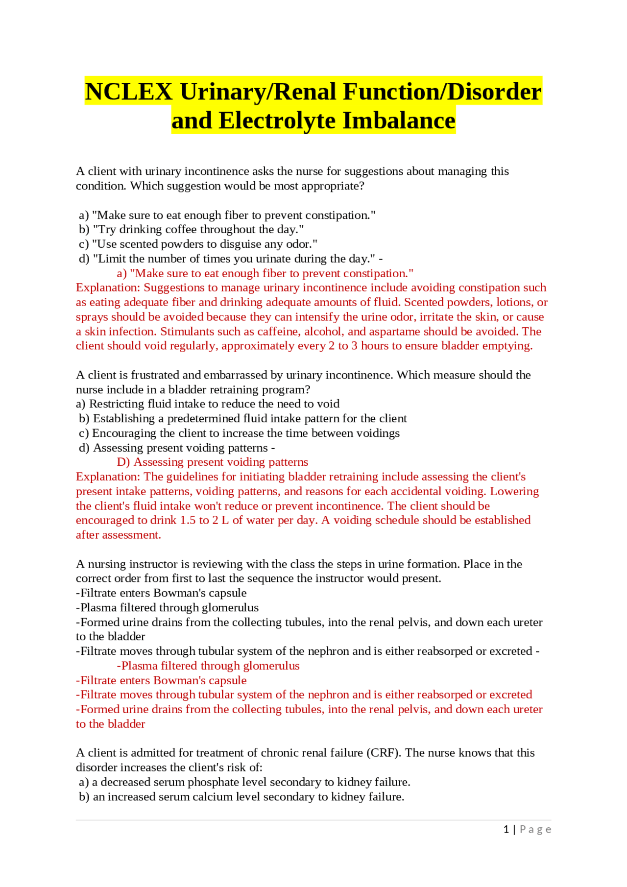NCLEX Urinary/Renal Function & Electrolyte Imbalance: MCQs Explained ...