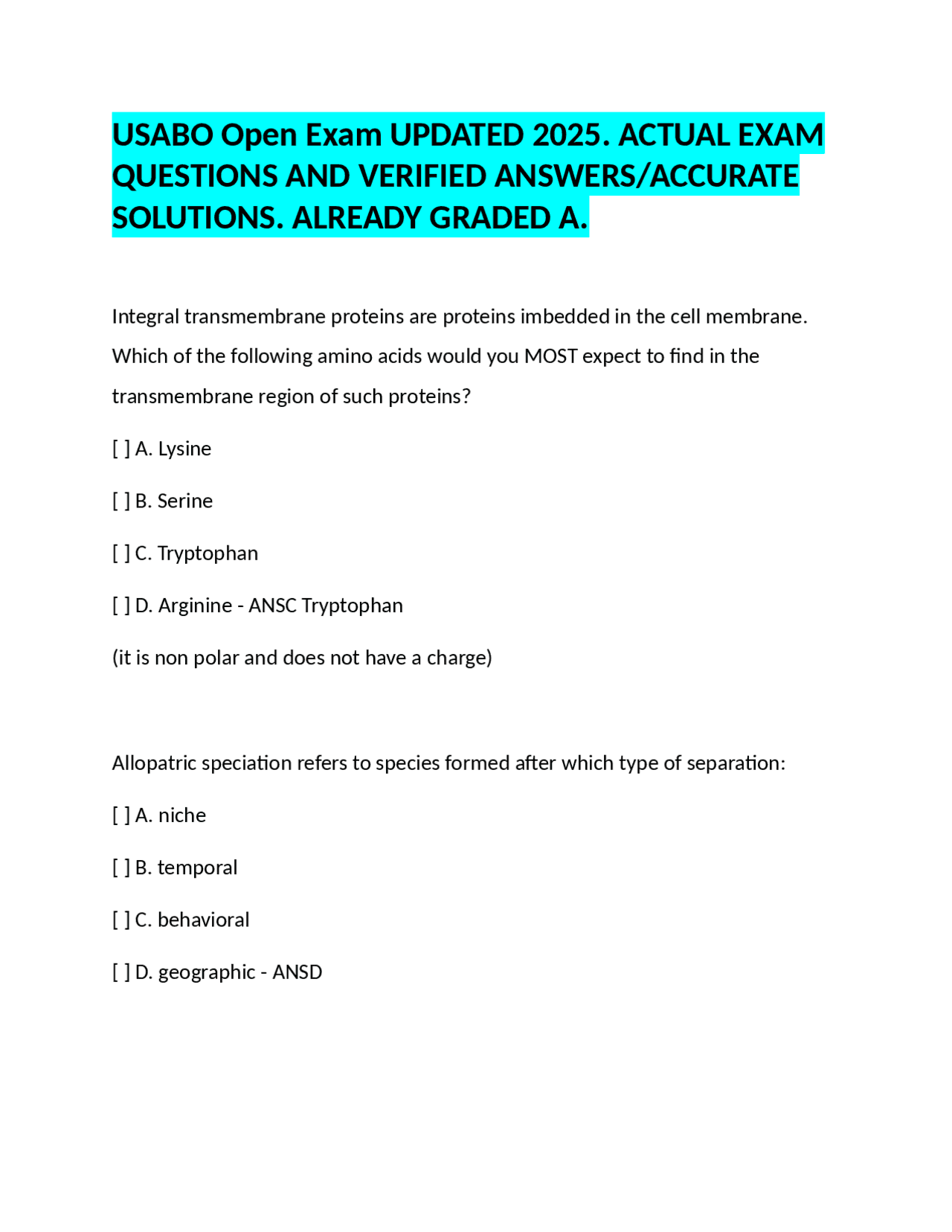 USABO Open Exam UPDATED 2025. ACTUAL EXAM QUESTIONS AND VERIFIED ...