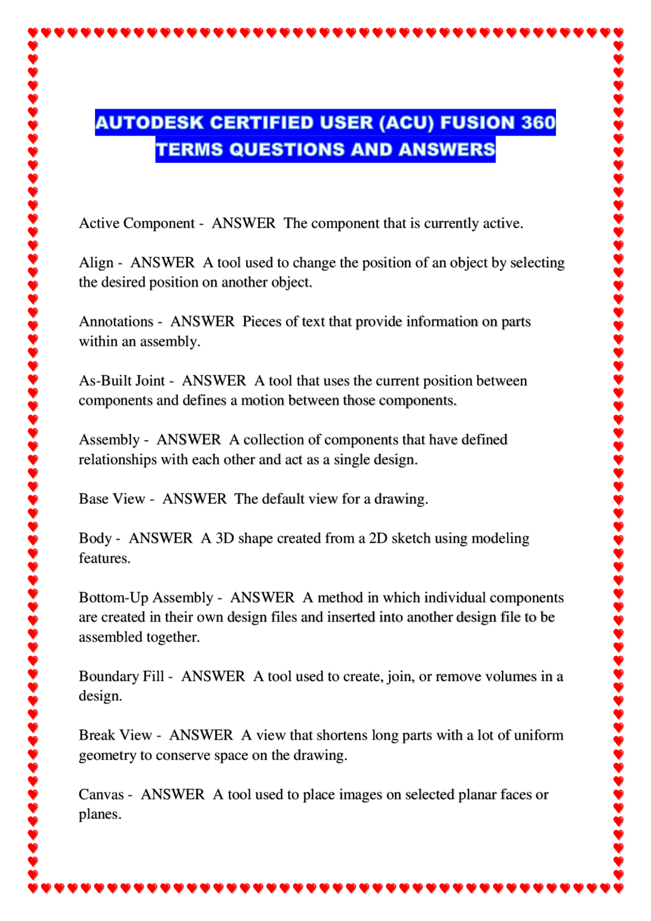 AUTODESK CERTIFIED USER (ACU) FUSION 360 TERMS QUESTIONS AND ANSWERS | Exams Mechanical ...