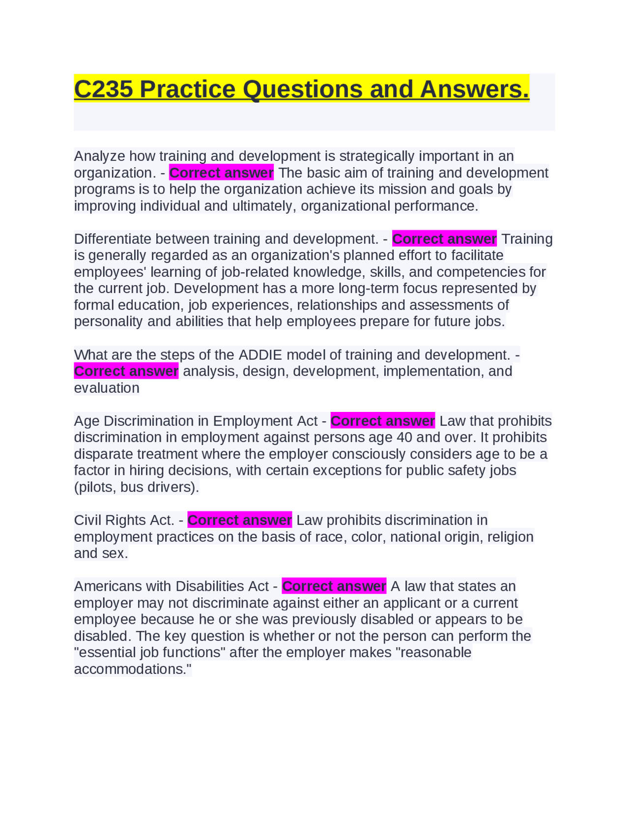 Training and Development: Practice Questions and Answers | Exams Nursing | Docsity