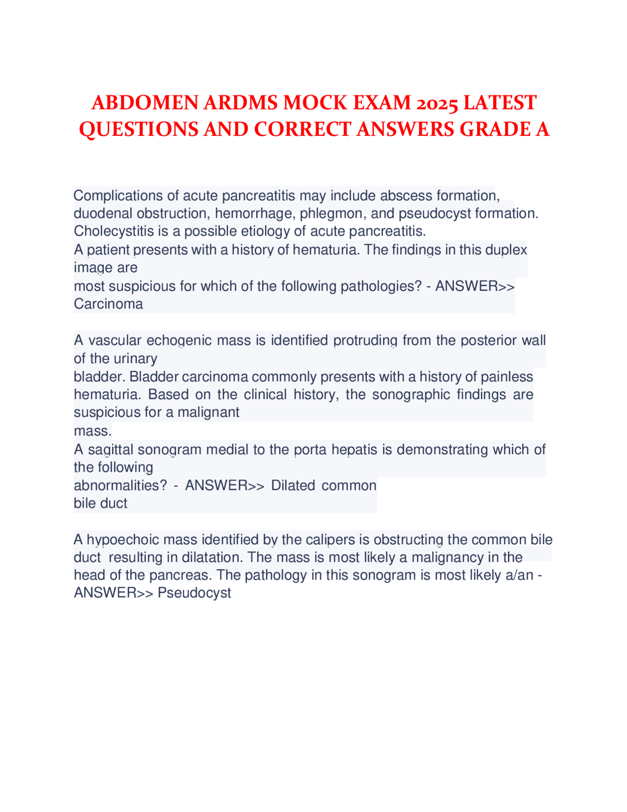 ARDMS Abdomen Mock Exam 2025: Questions and Answers | Exams Nursing ...
