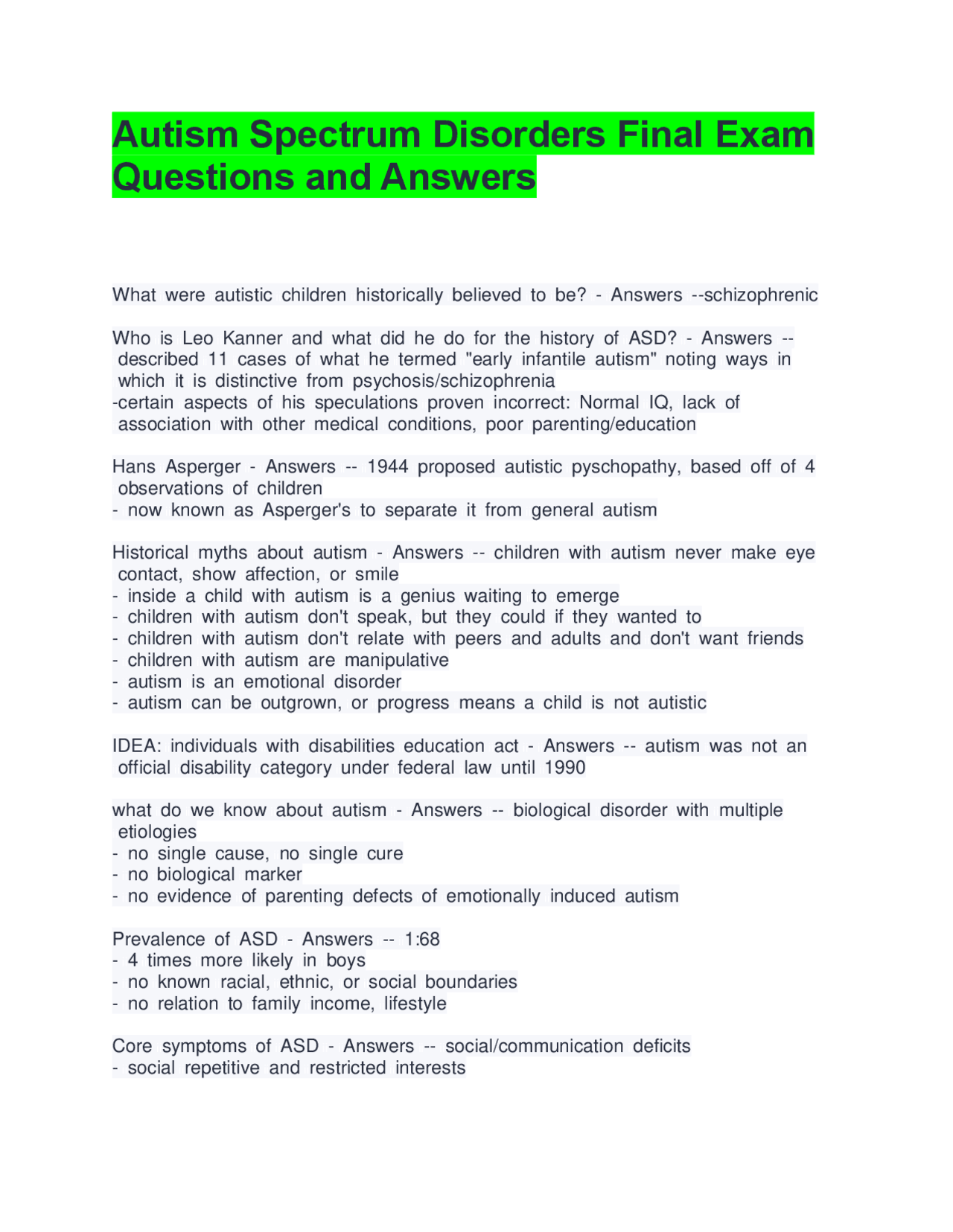 Autism Spectrum Disorders Final Exam Questions and Answers | Exams ...