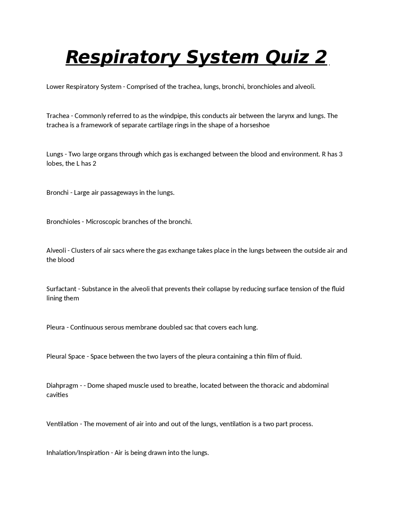 Respiratory System Quiz 2: Lower Respiratory System Anatomy and ...
