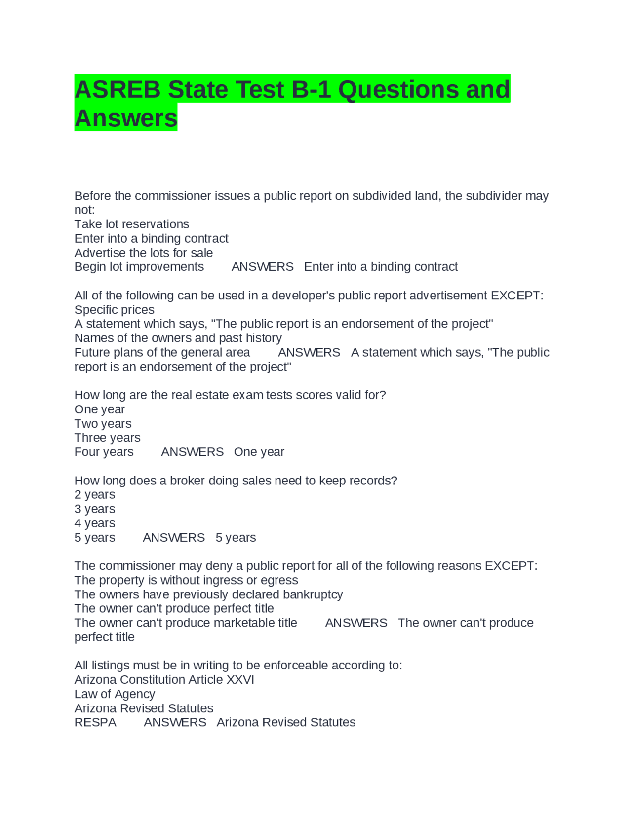 Arizona Real Estate Exam Practice Questions and Answers | Exams Real ...