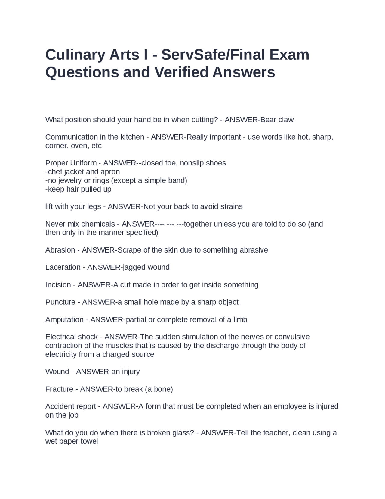Culinary Arts I - ServSafe/Final Exam: Questions and Verified Answers ...