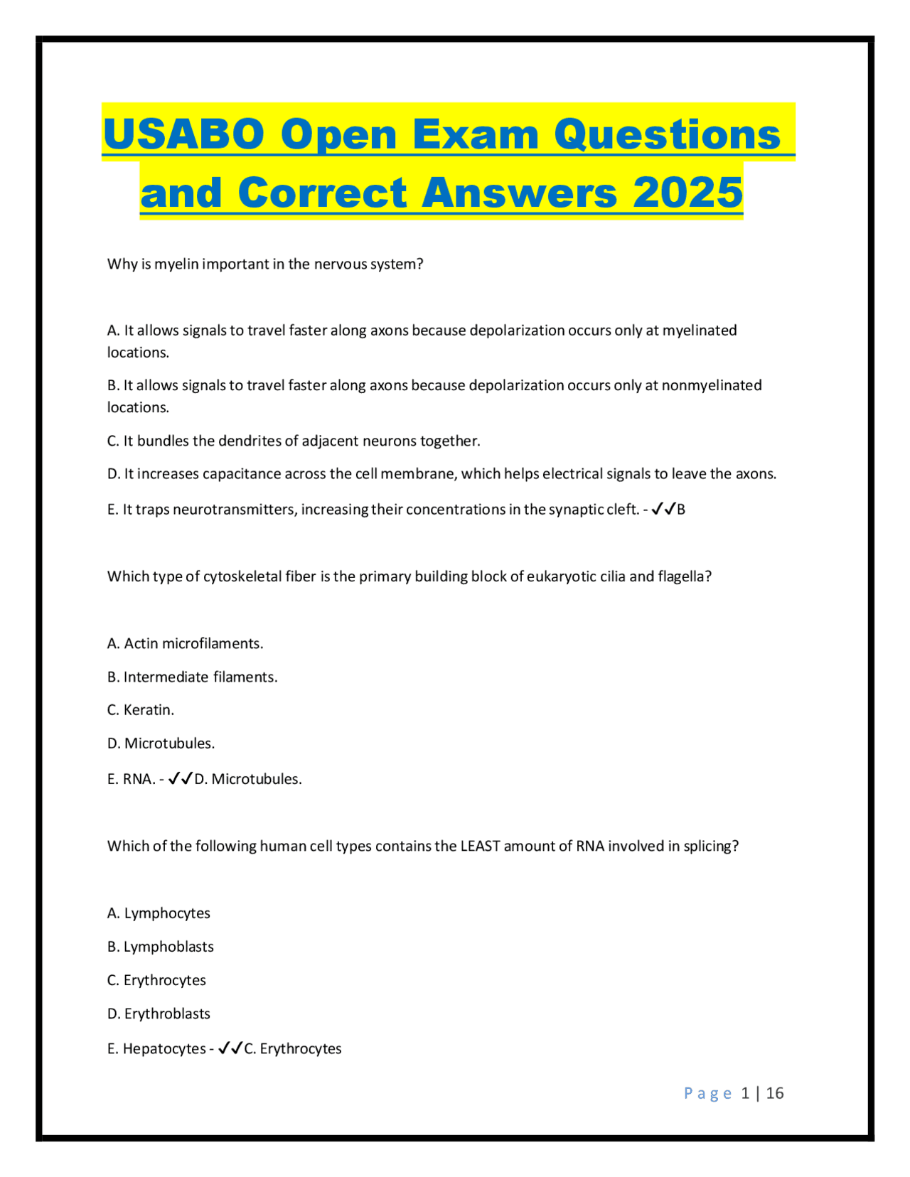 USABO Open Exam Questions and Answers 2025 | Exams Nursing | Docsity