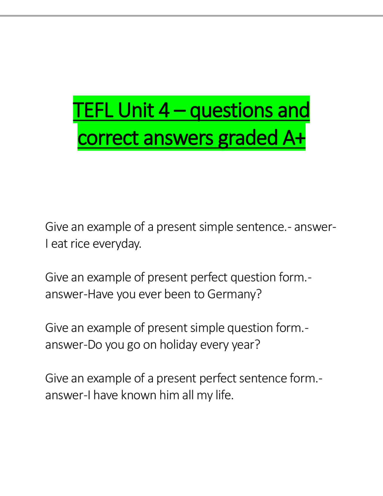 TEFL Unit 4 – questions and correct answers graded A+.pdf | Exams Nursing | Docsity