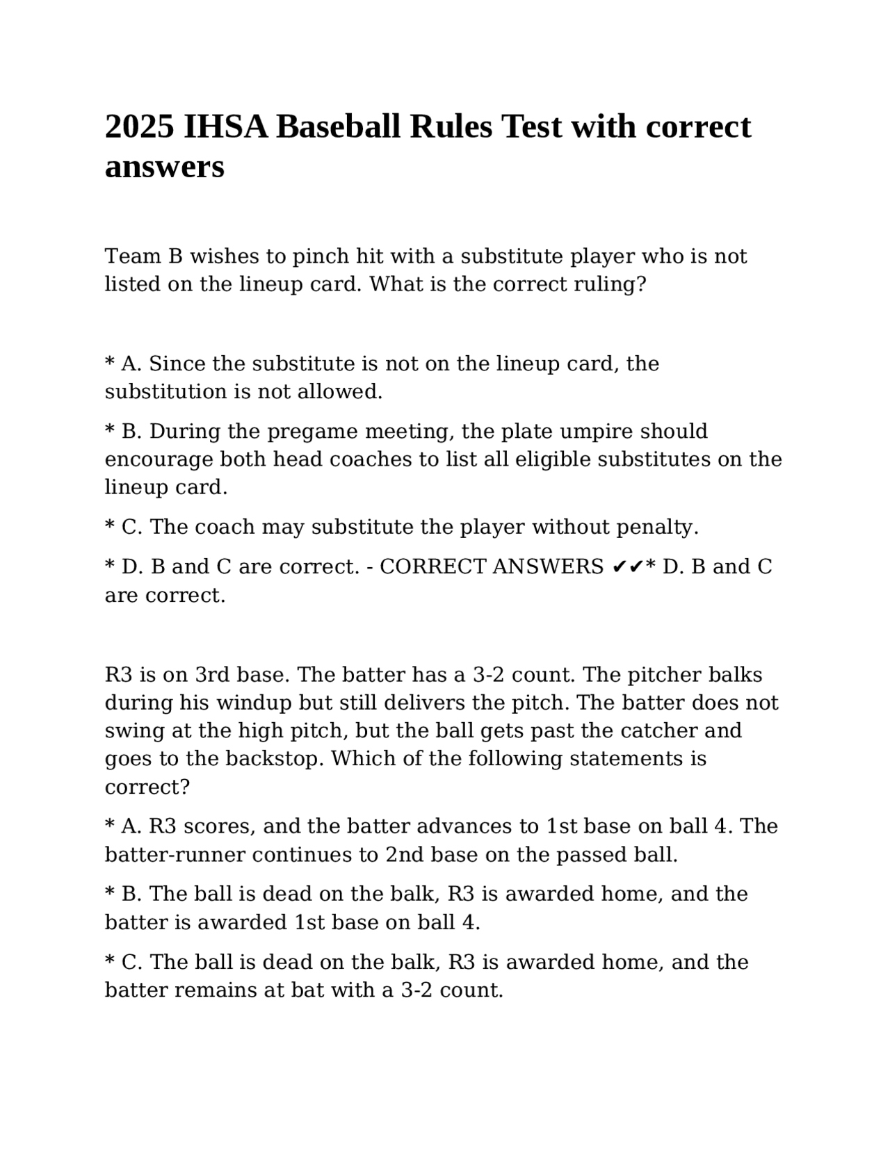 2025 IHSA Baseball Rules Test with correct answers | Exams Sport ...