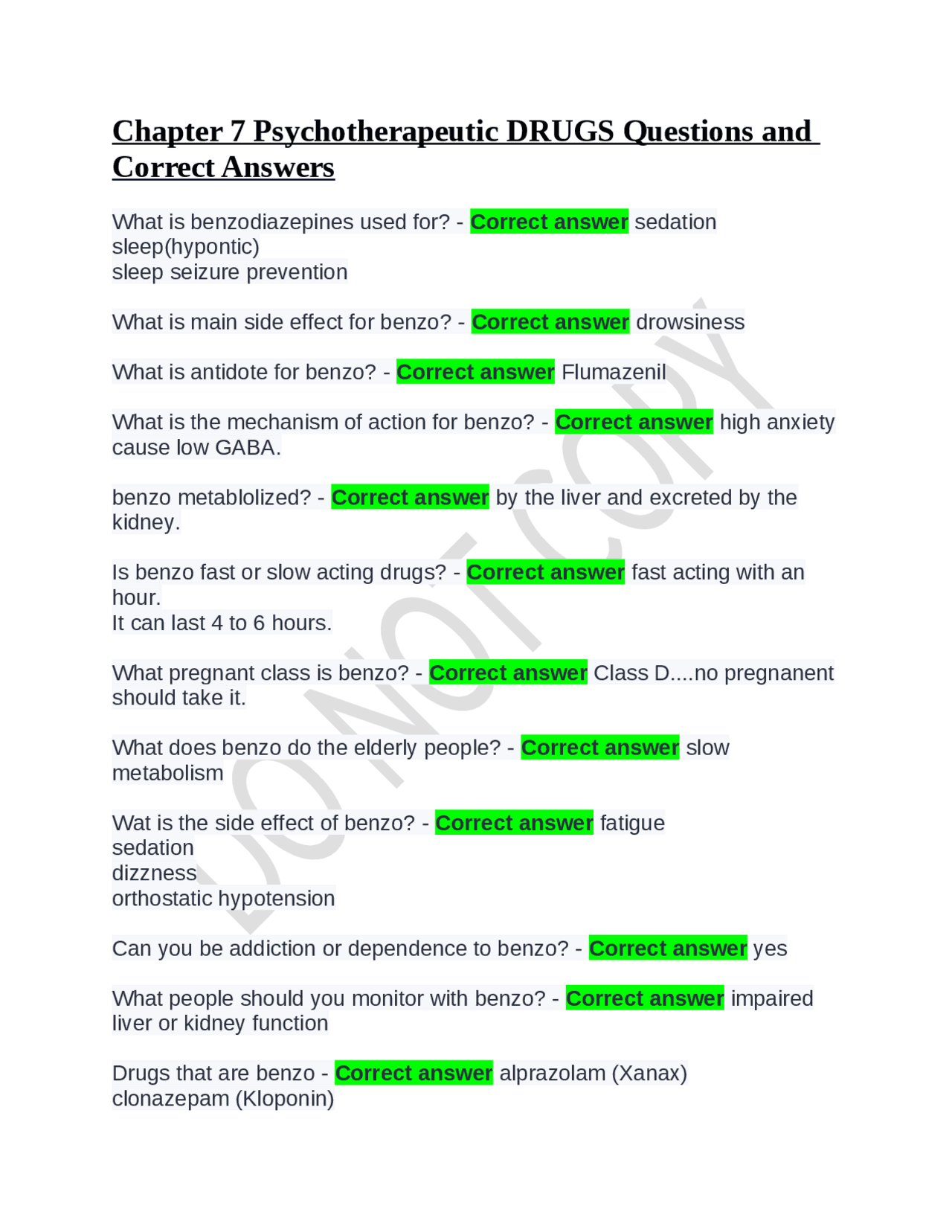 Psychotherapeutic Drugs: Questions and Answers | Exams Nursing | Docsity